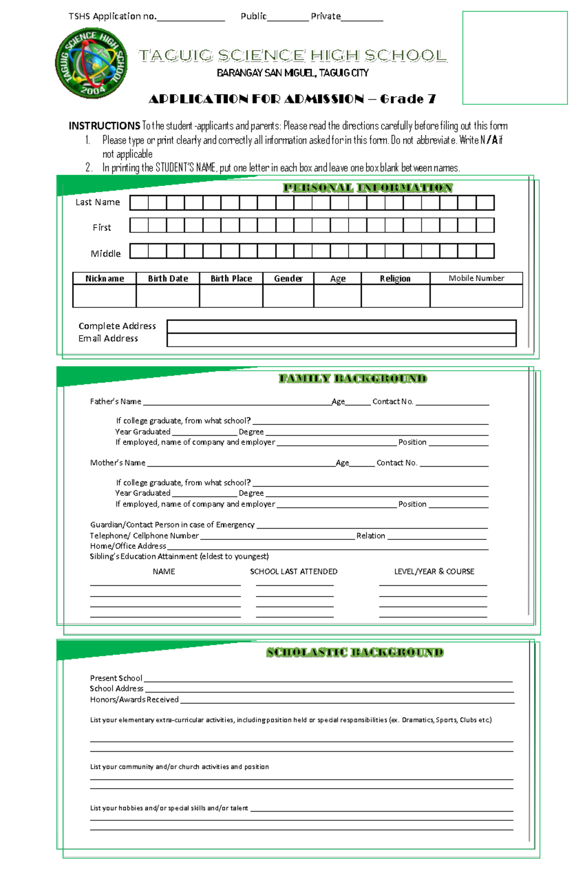 Tagsat 2024 JHS Grade 7 Admission Application Form - Studocu