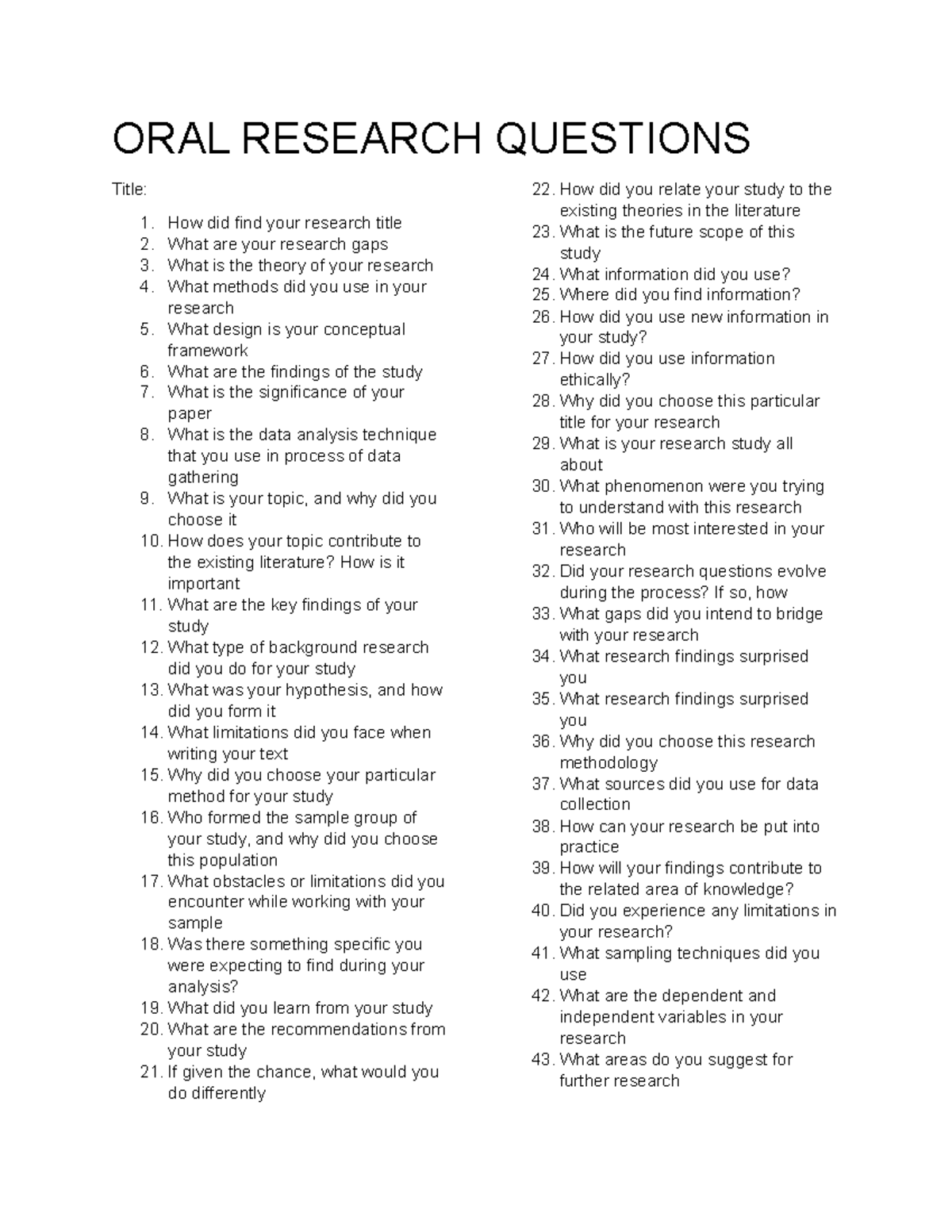 Oral-question-RSH - practical exam - ORAL RESEARCH QUESTIONS Title: How ...