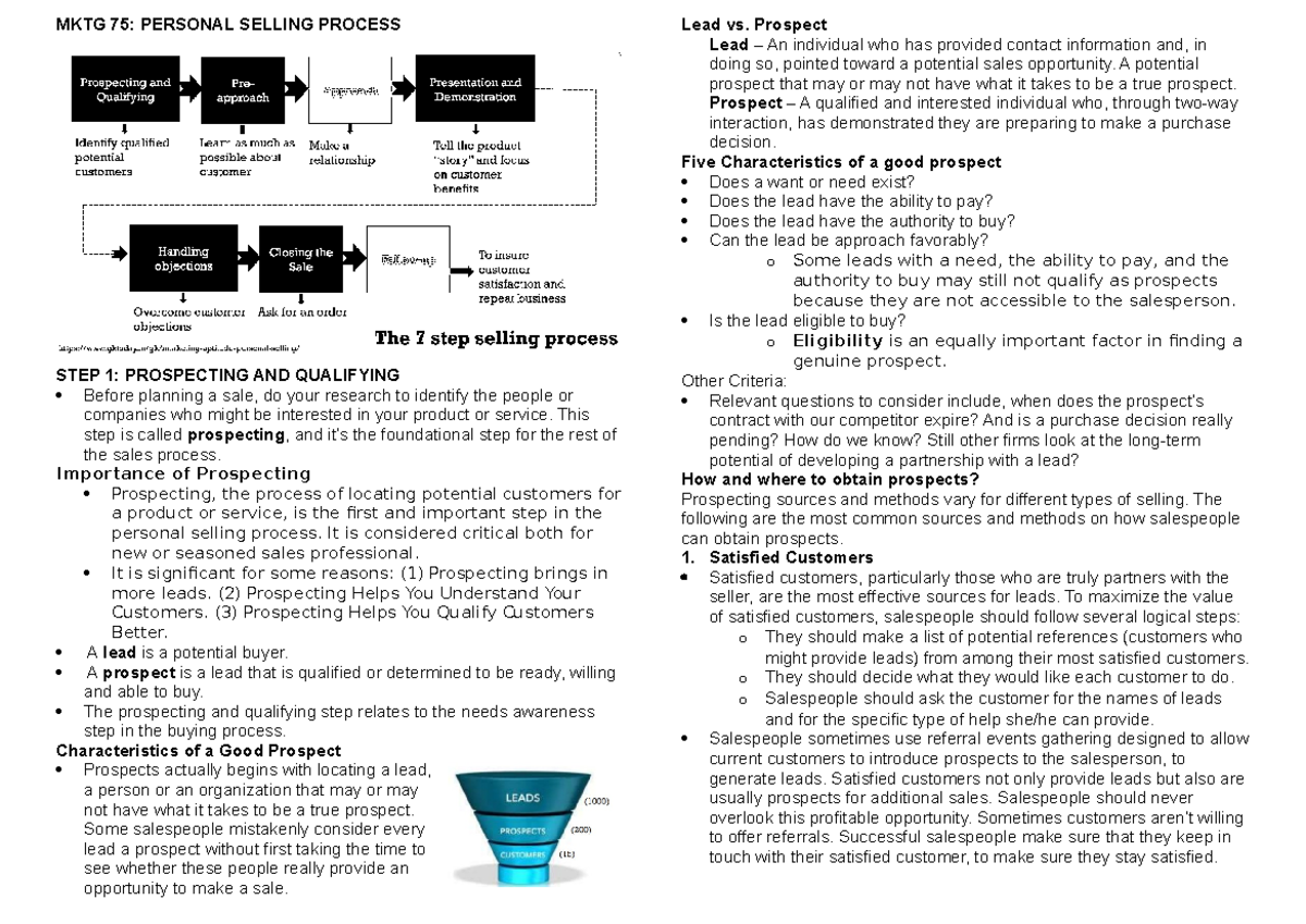 MKTG 75 Lecture Notes: Personal Selling Process Overview and Quiz - Studocu