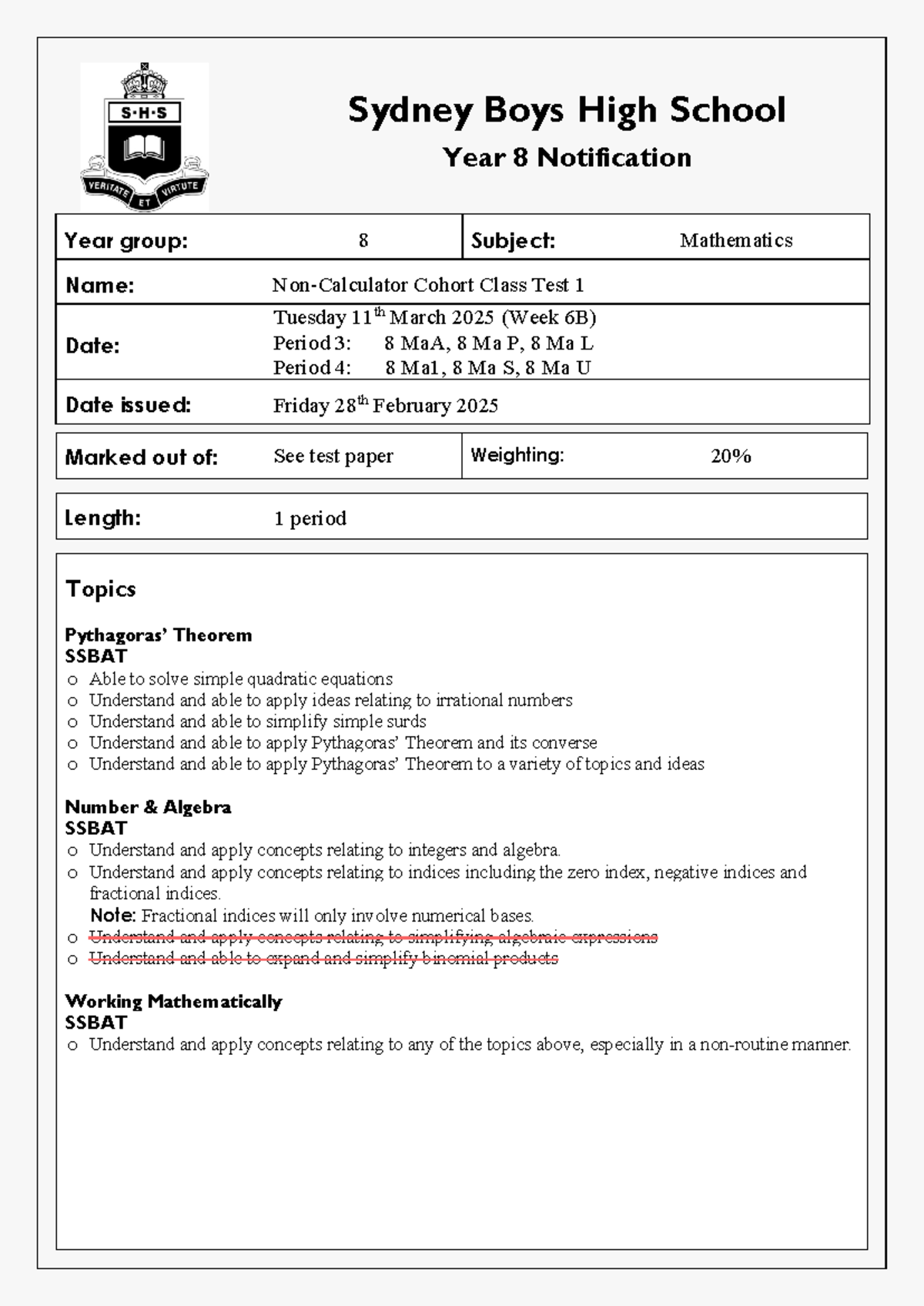 Year 8 Math CCT 1 Notification - Sydney Boys High School - Studocu