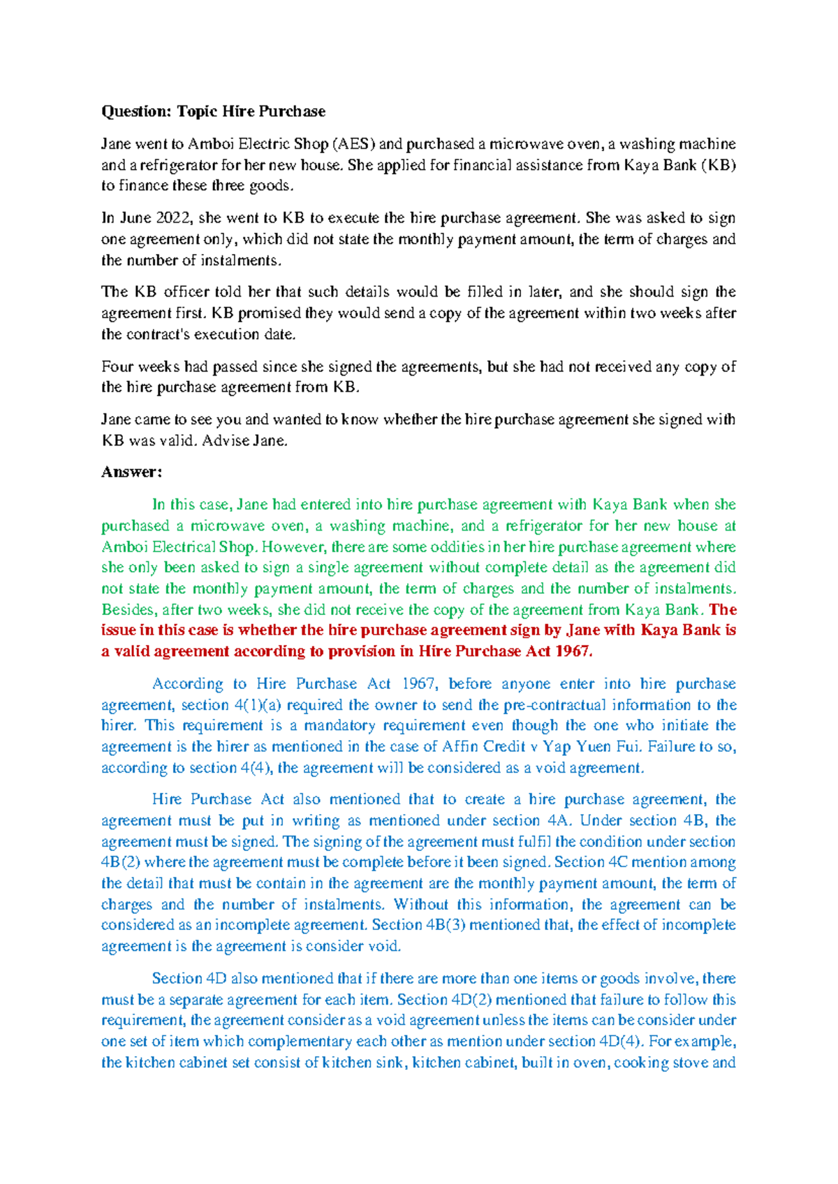 Hire Purchase Agreement Validity Analysis - LAW 101 - Studocu