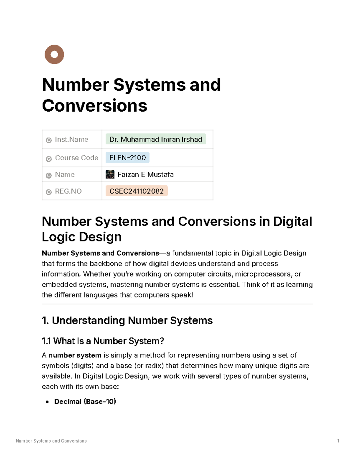 Number systems and conversions in digital logic design (CSEC241) - Studocu