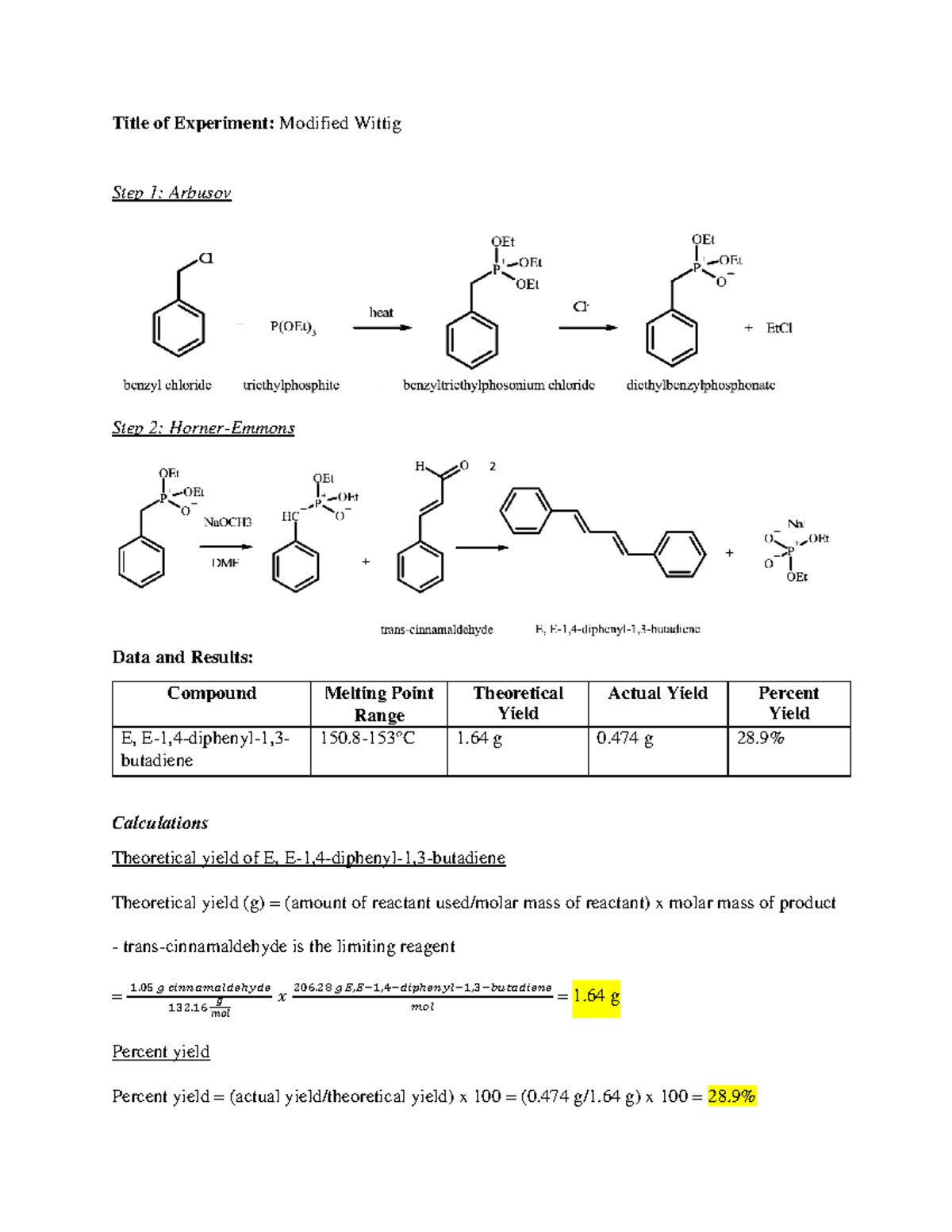 Modified Wittig Lab Report: Synthesis of E,E-1,4-Diphenyl-1,3-Butadiene ...