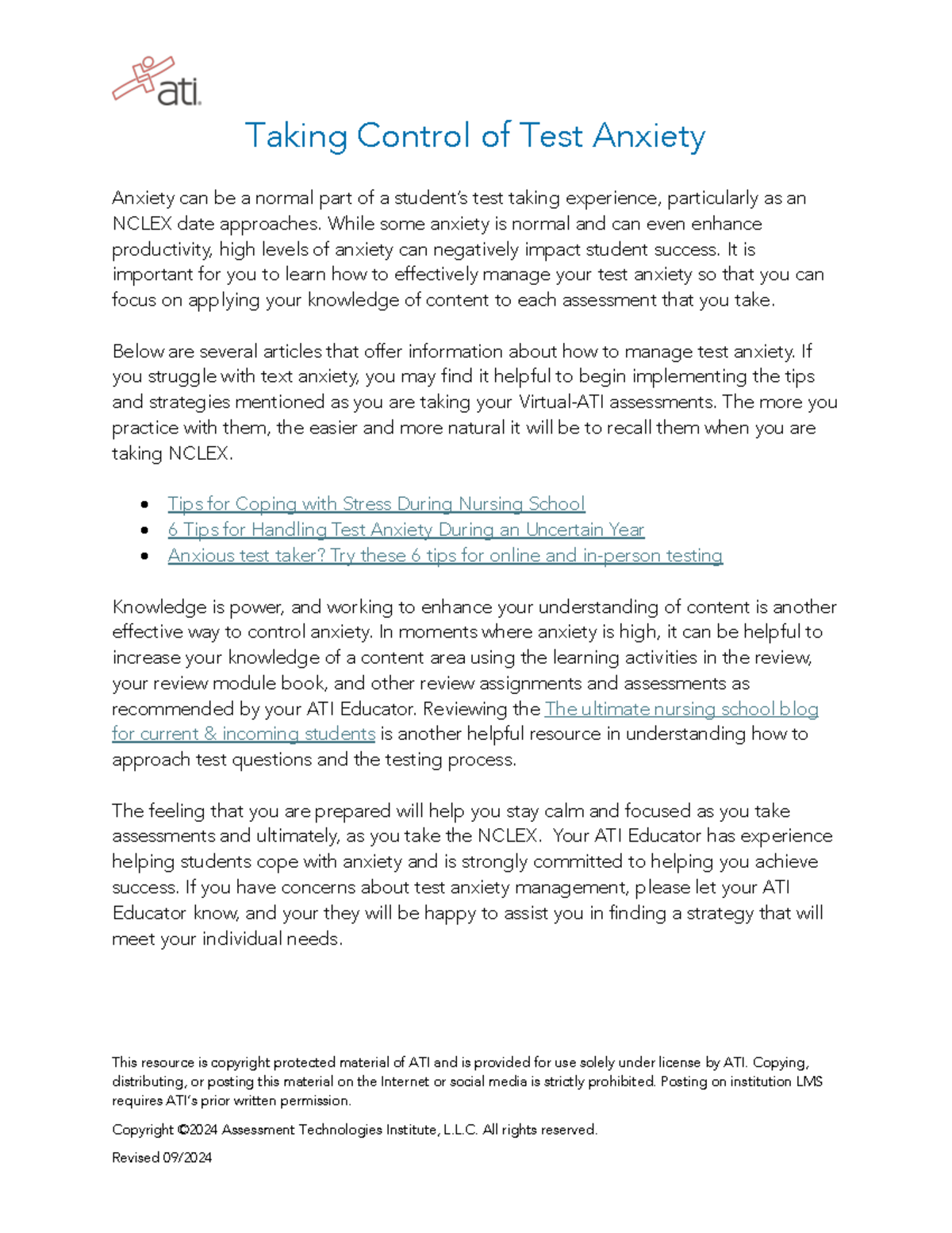 Taking Control of Test Anxiety - This resource is copyright protected ...