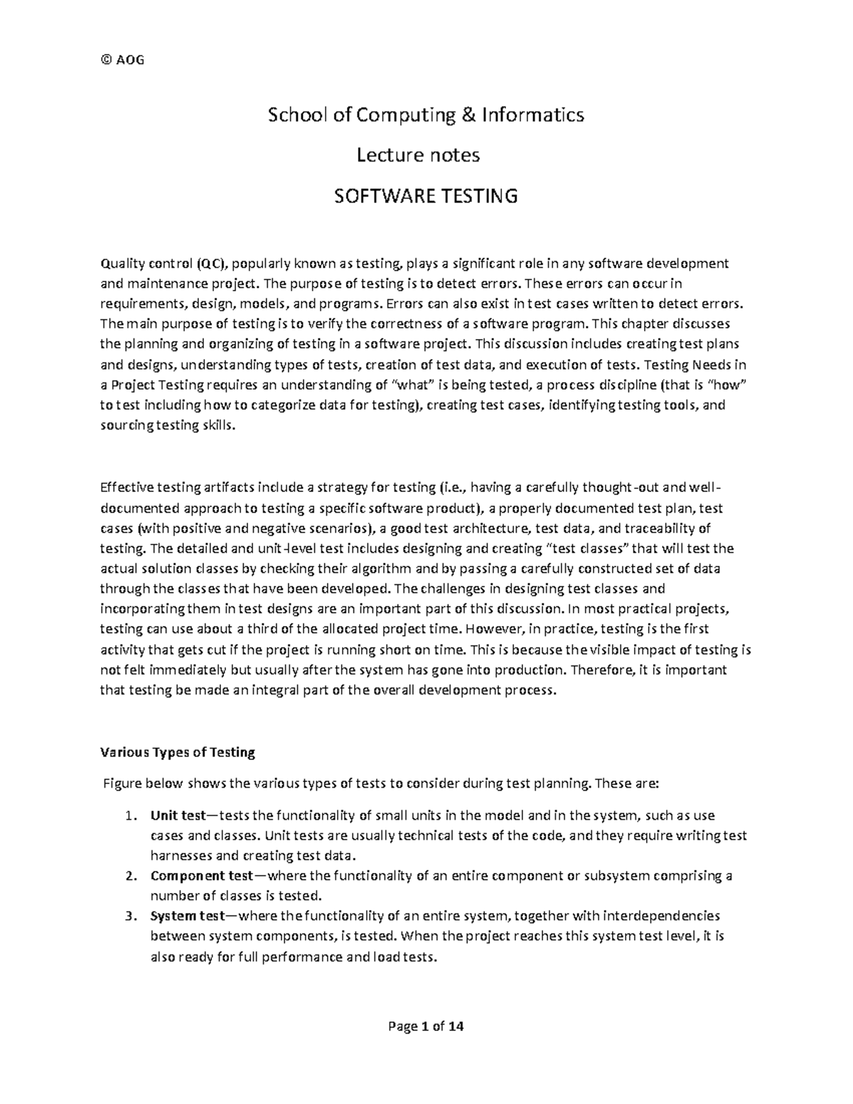 SOFTWARE TESTING.pdf - School of Computing & Informatics Lecture notes ...
