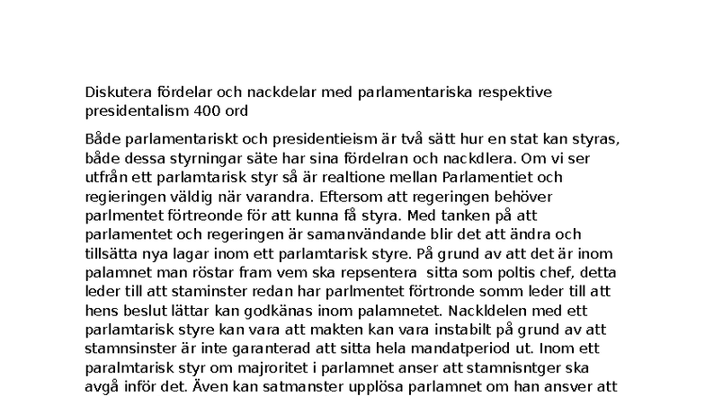 Fördelar och nackdelar med parlamentariskt vs presidentalism 400 ord ...