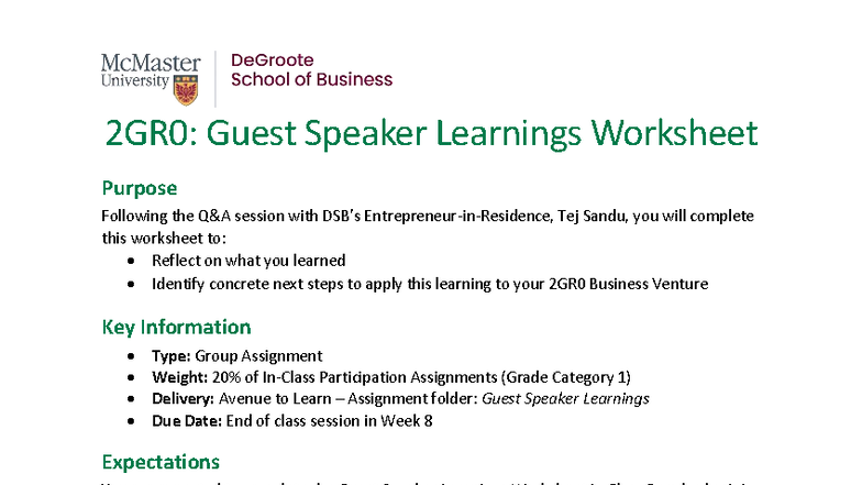 2GR0: Guest Speaker Learnings Worksheet for Business Venture - Studocu