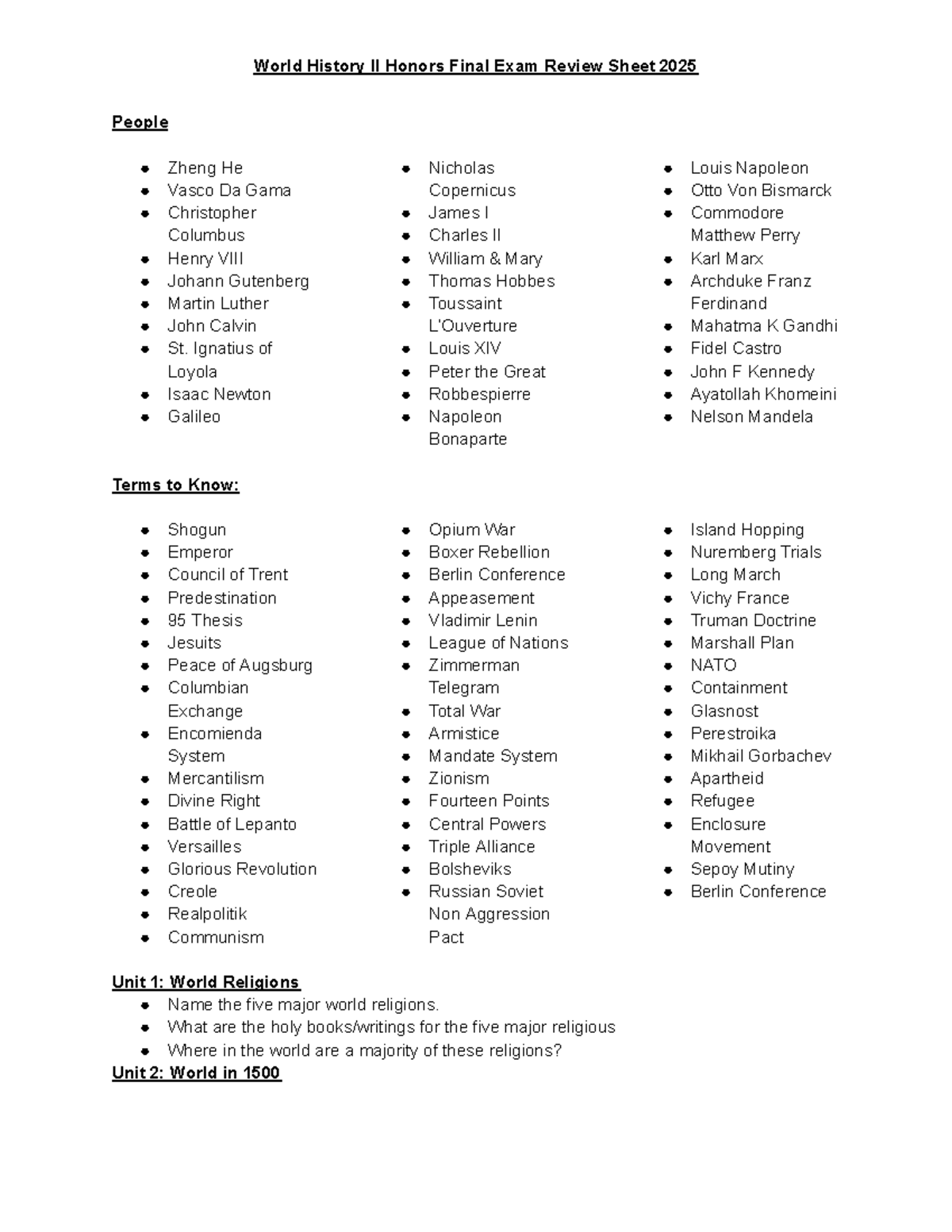 World History II Honors Final Exam Review Sheet 2025 - Studocu