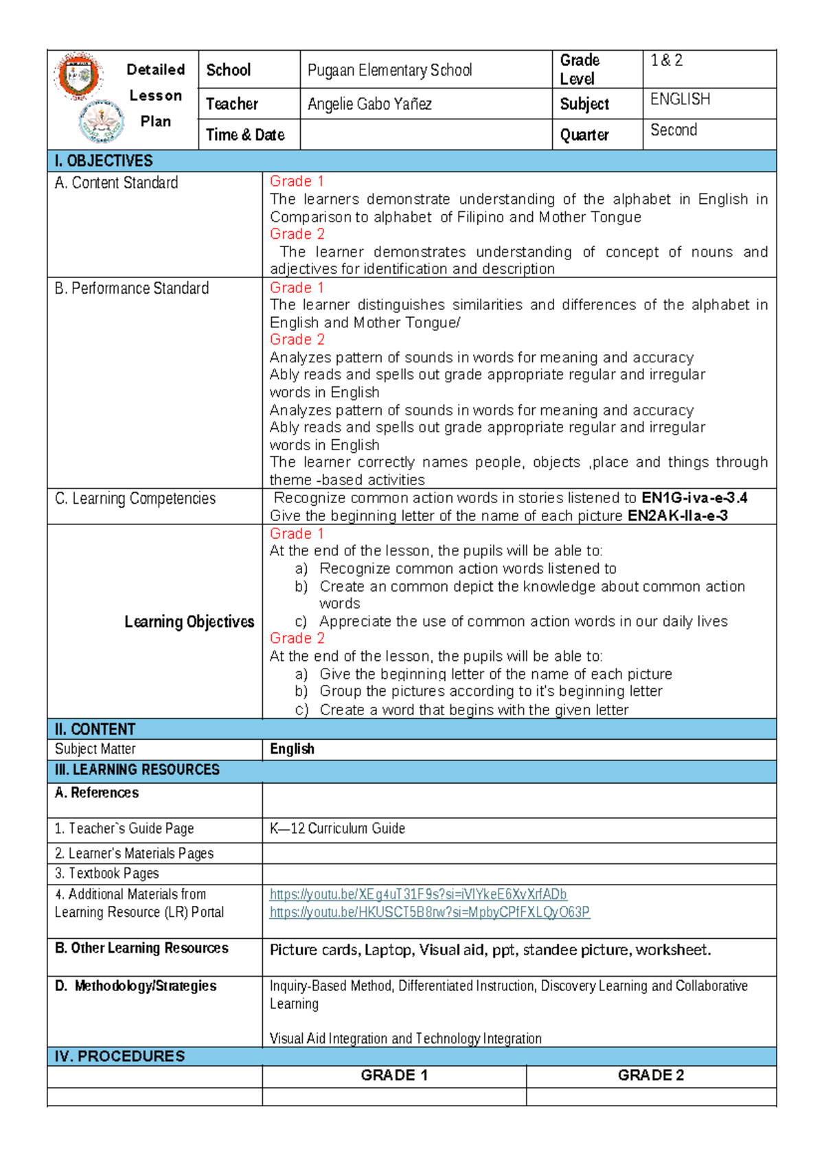 Multigrade Lesson Plan for English Grades 1 & 2 - ENGLISH 1-2 - Studocu