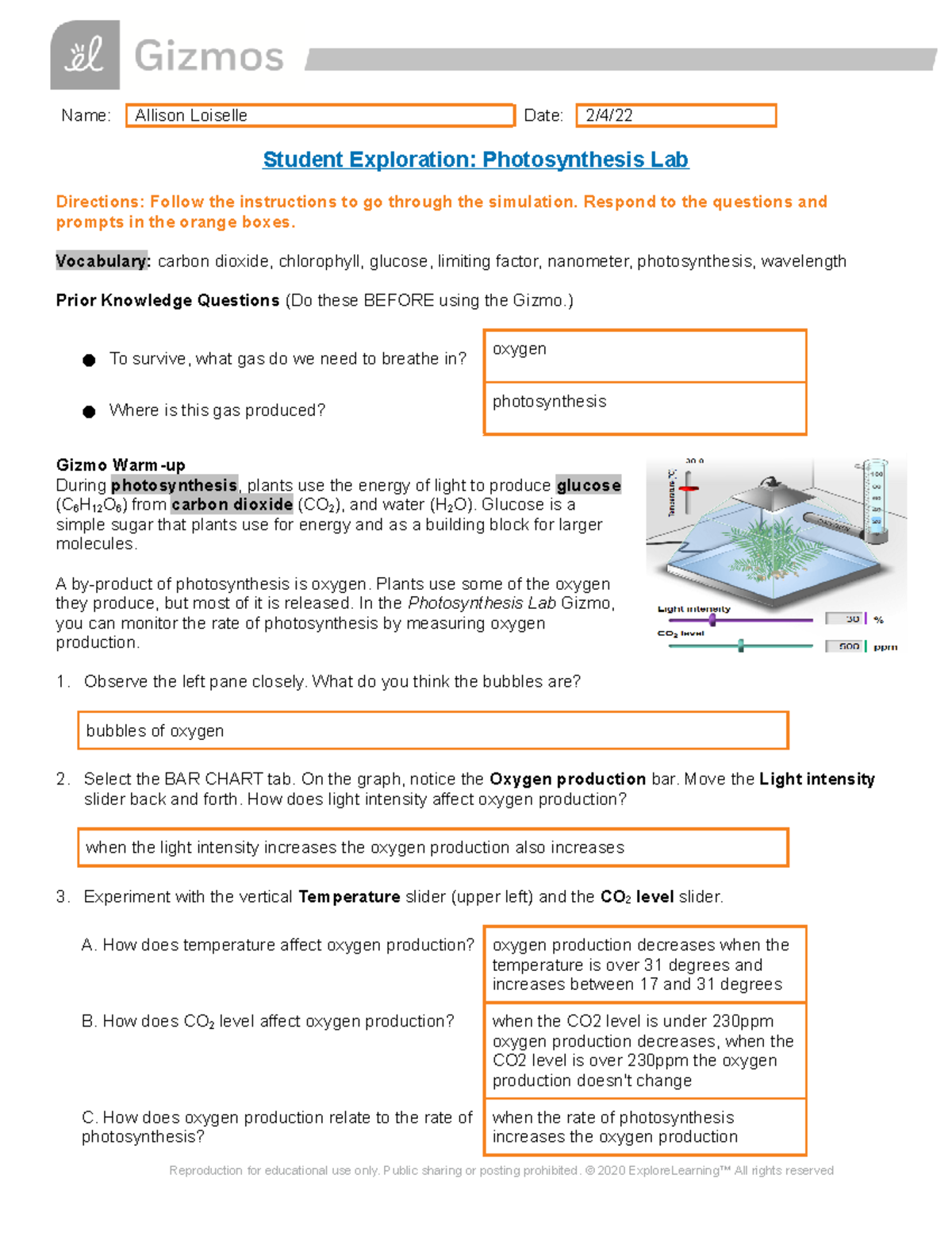Photosynthesis Lab Exploration: Gizmos SE Sheet Overview - Studocu