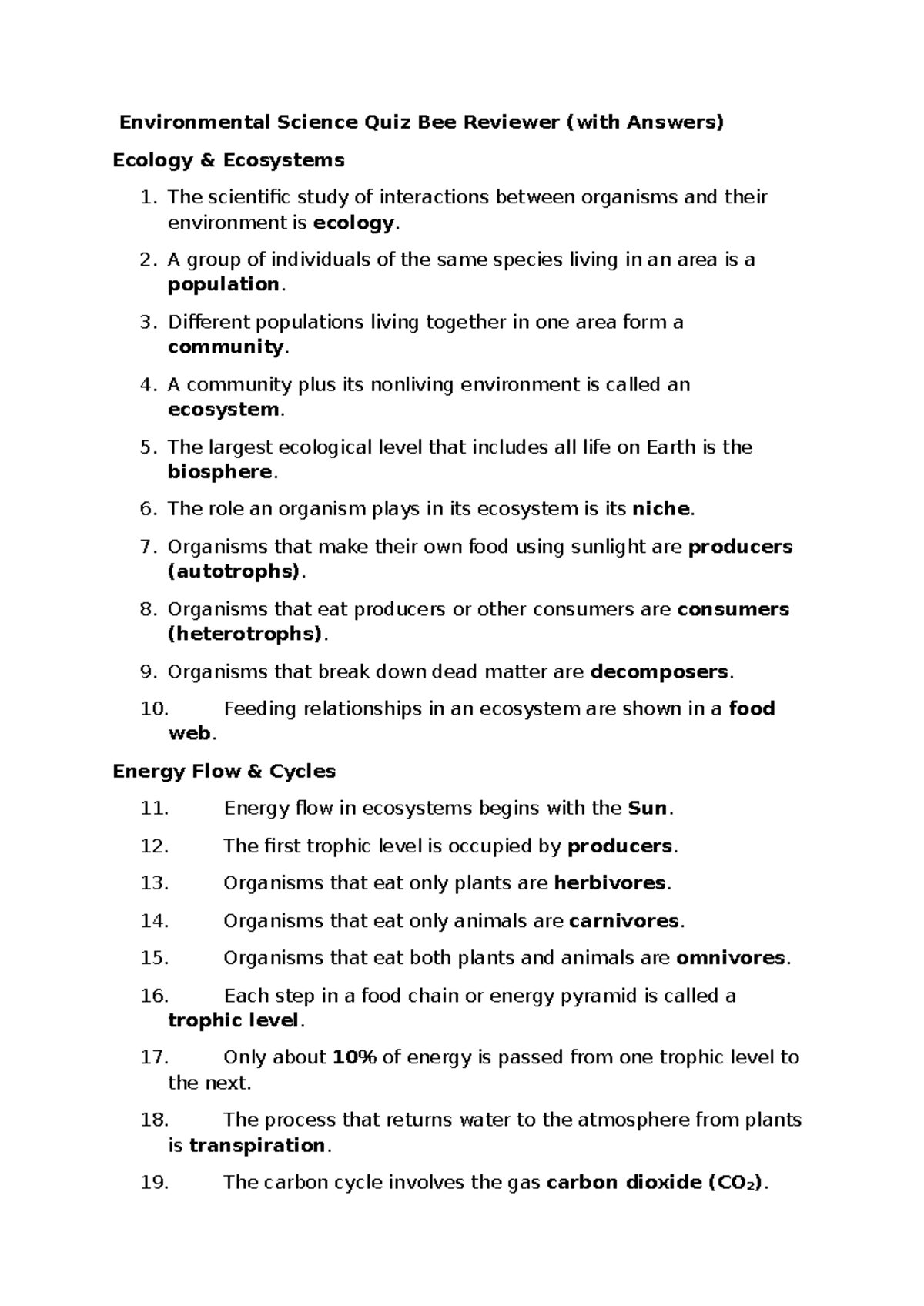 Environmental Science Quiz Bee Reviewer (with Answers) - Studocu