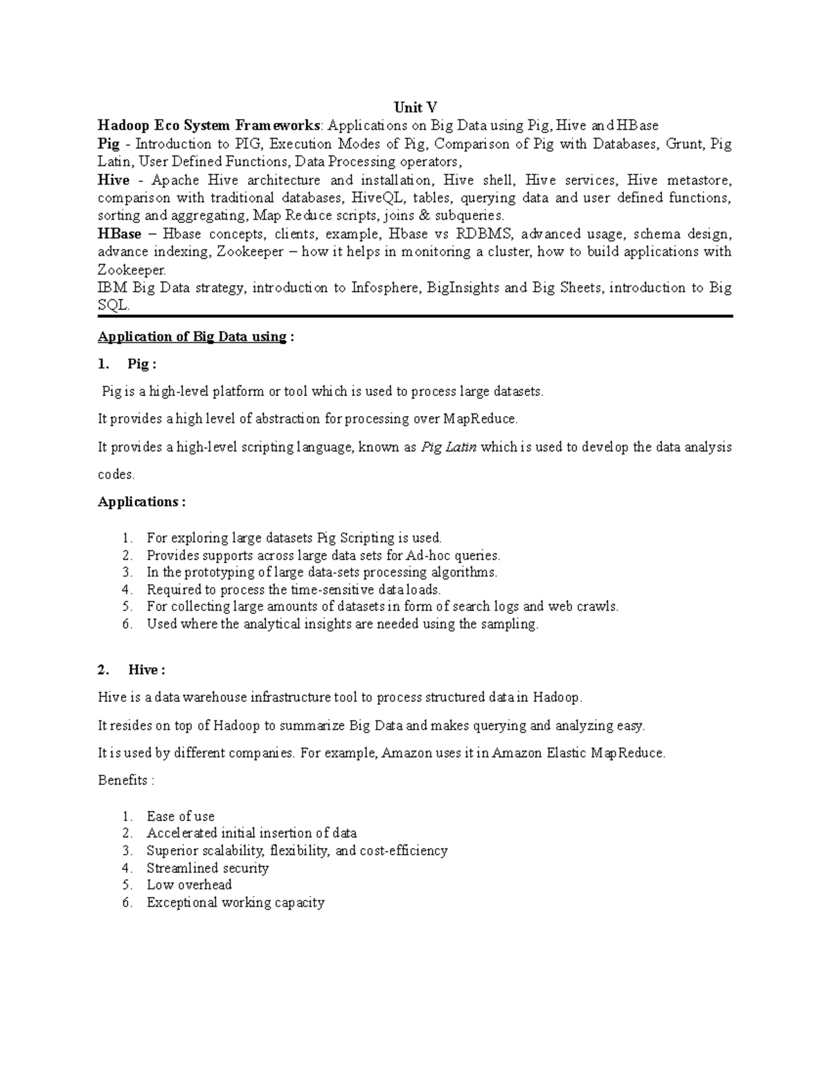 KCS 061 - Big Data - Unit V: Exploring Hadoop Frameworks with Pig, Hive, HBase - Studocu