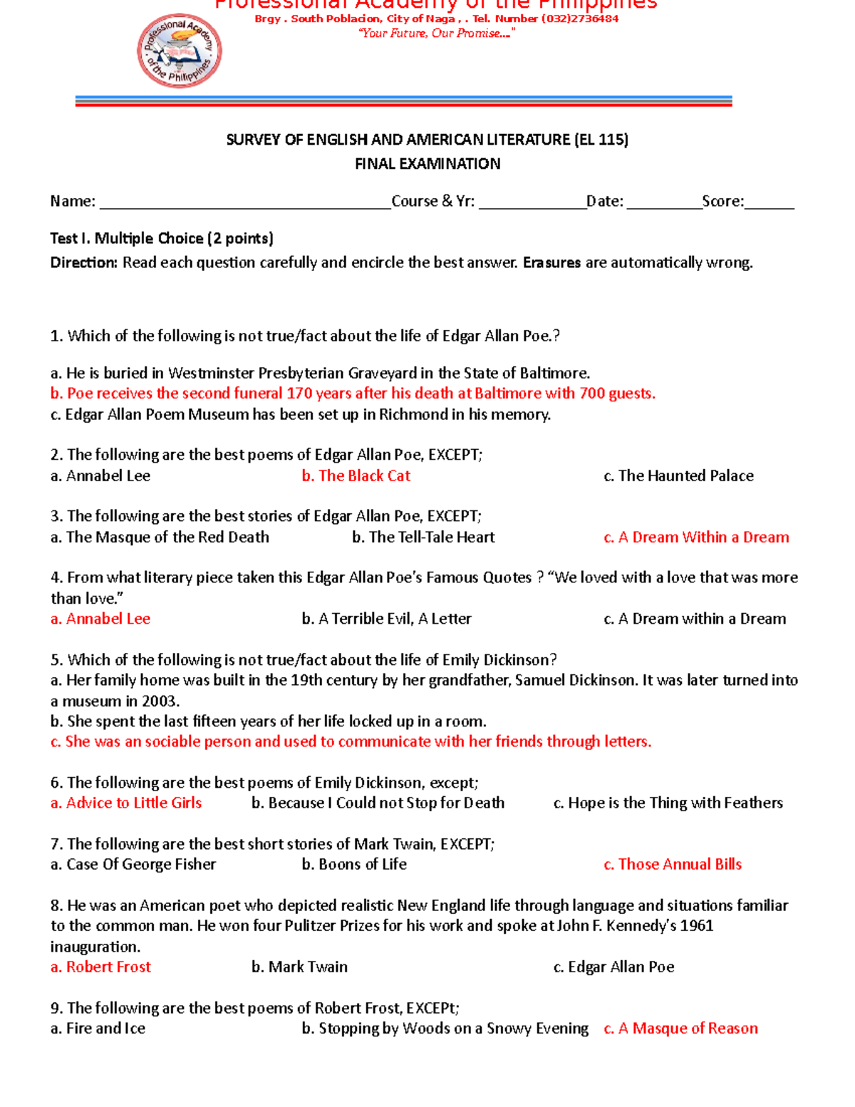 Final Exam EL 115: English and American Literature Review - Studocu