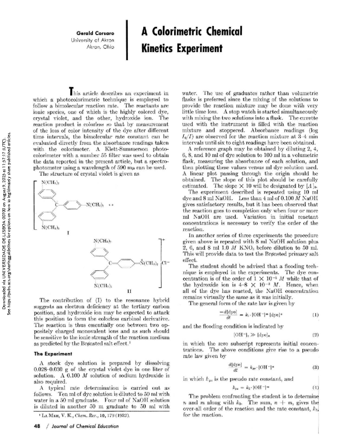 Colorimetric Kinetics Experiment: Crystal Violet & NaOH Reaction (CHEM ...
