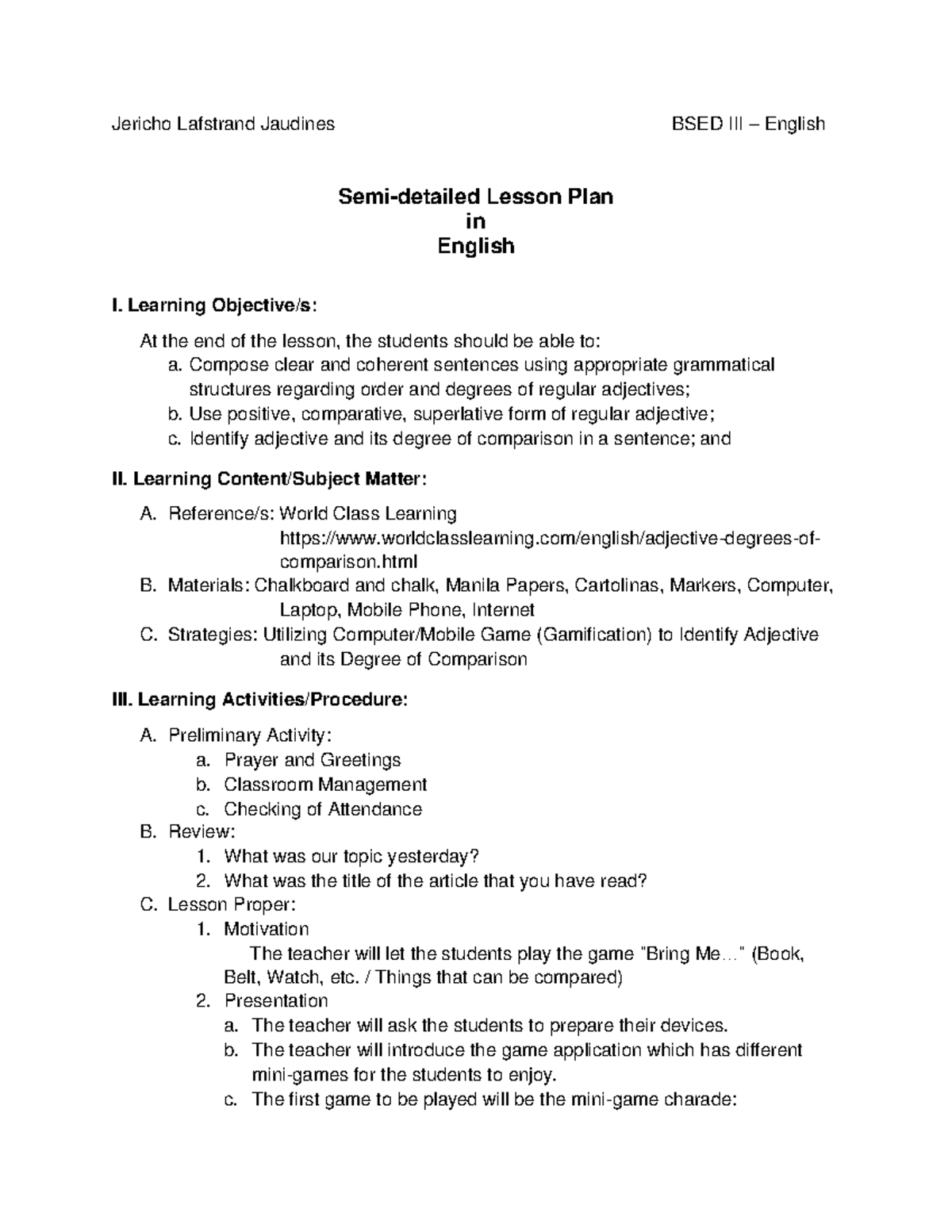 Semi-Detailed Lesson Plan: Subject-Verb Agreement (BSED III - English ...