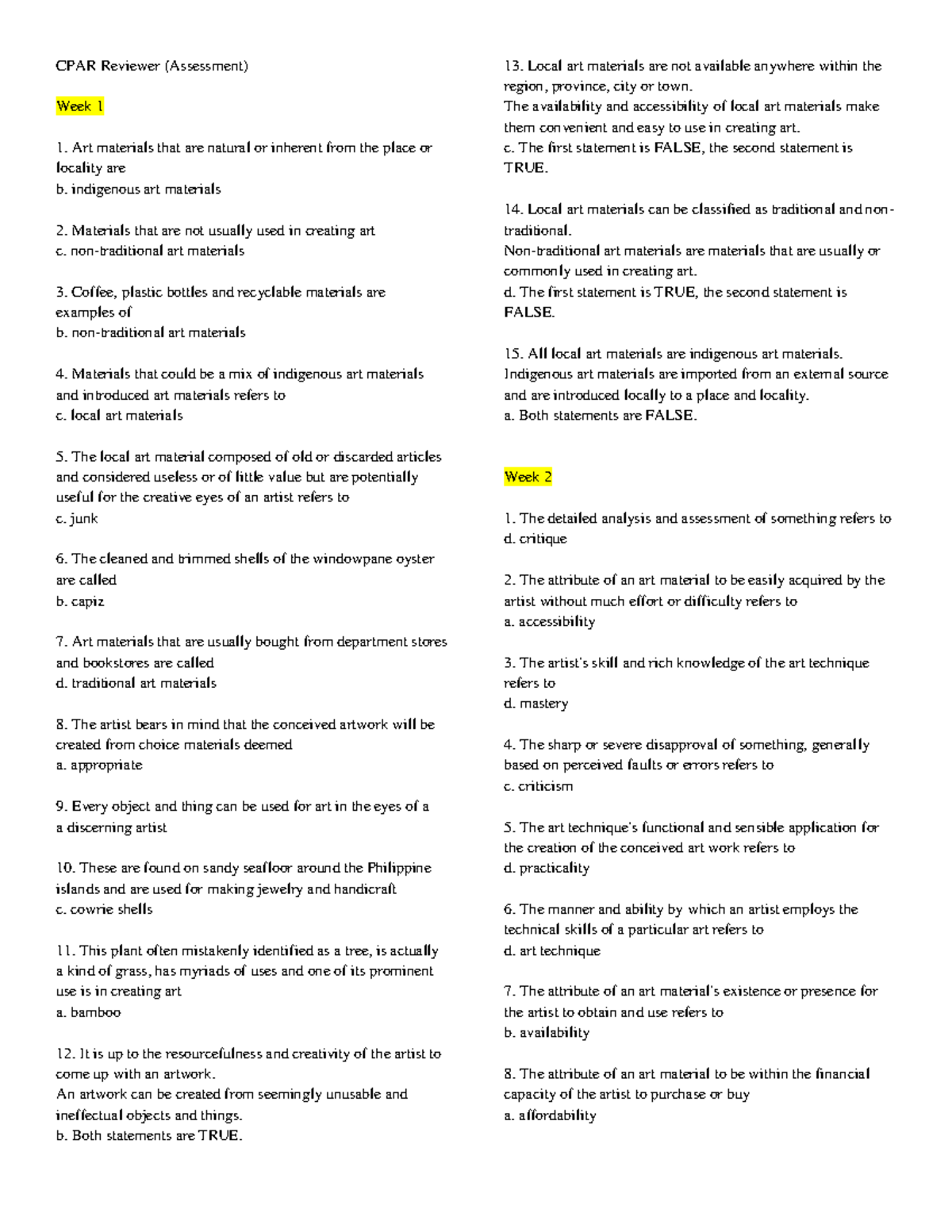 CPAR Reviewer (Assessment) Weeks 1-8: Art Materials & Techniques - Studocu