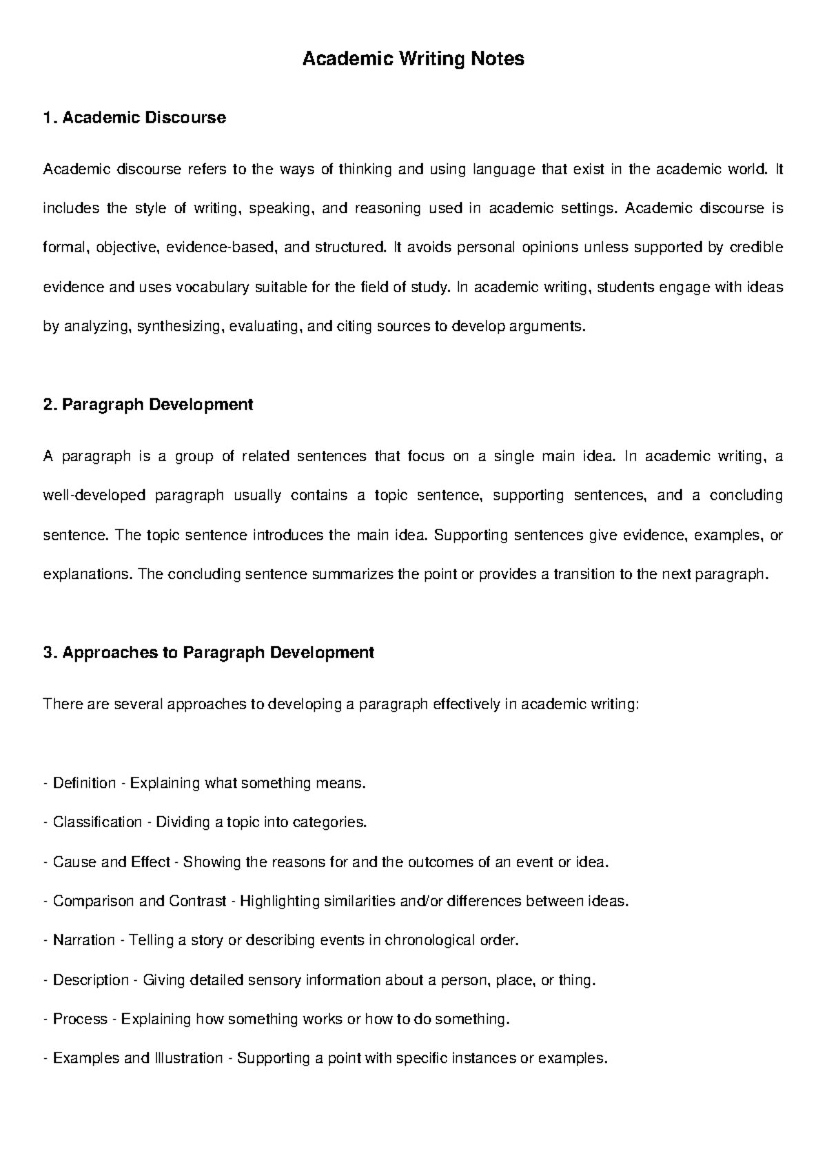 Academic Writing Notes: Discourse & Paragraph Development - Studocu