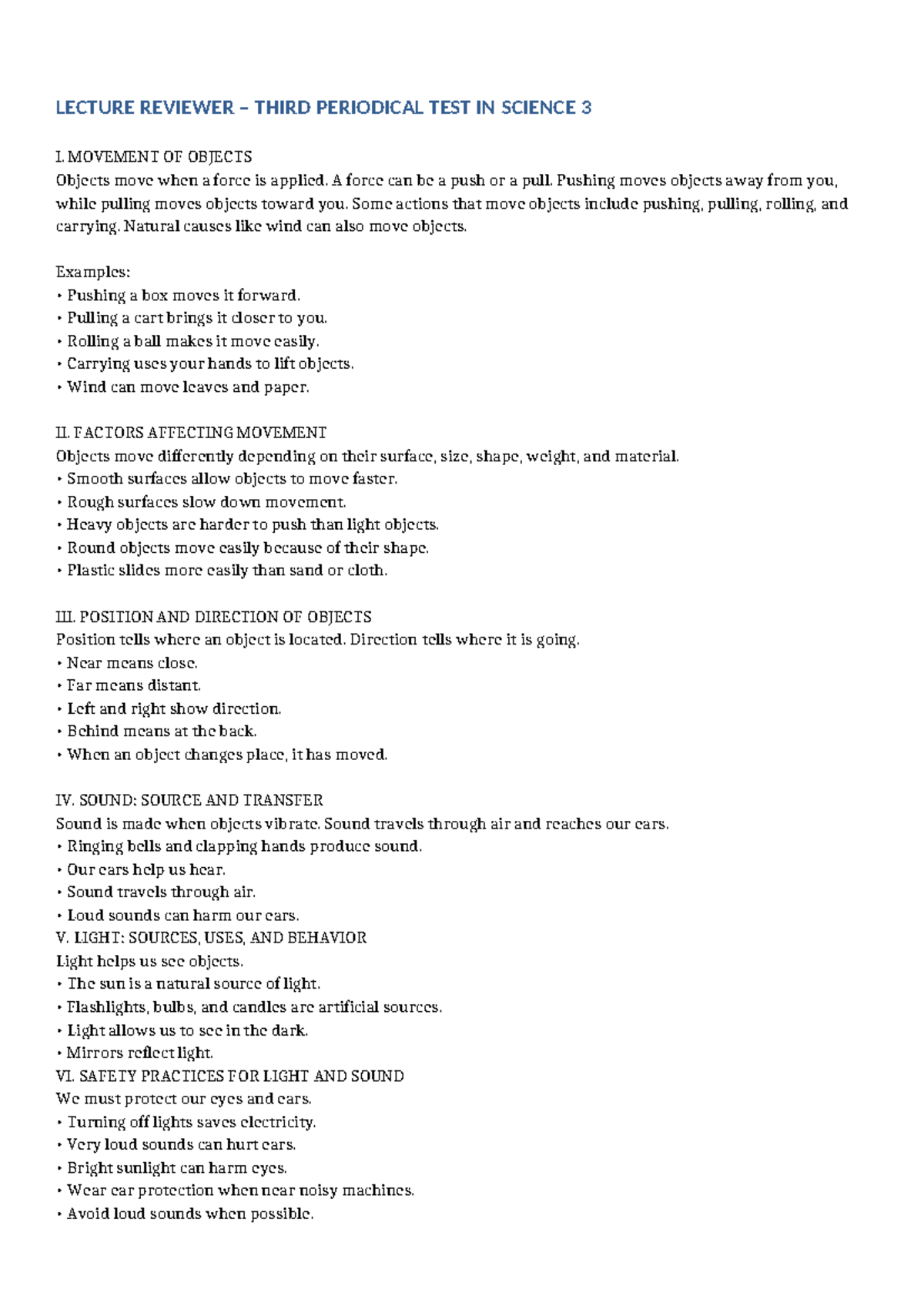 SCIENCE 3 LECTURE REVIEWER: MOVEMENT, SOUND, AND LIGHT - Studocu