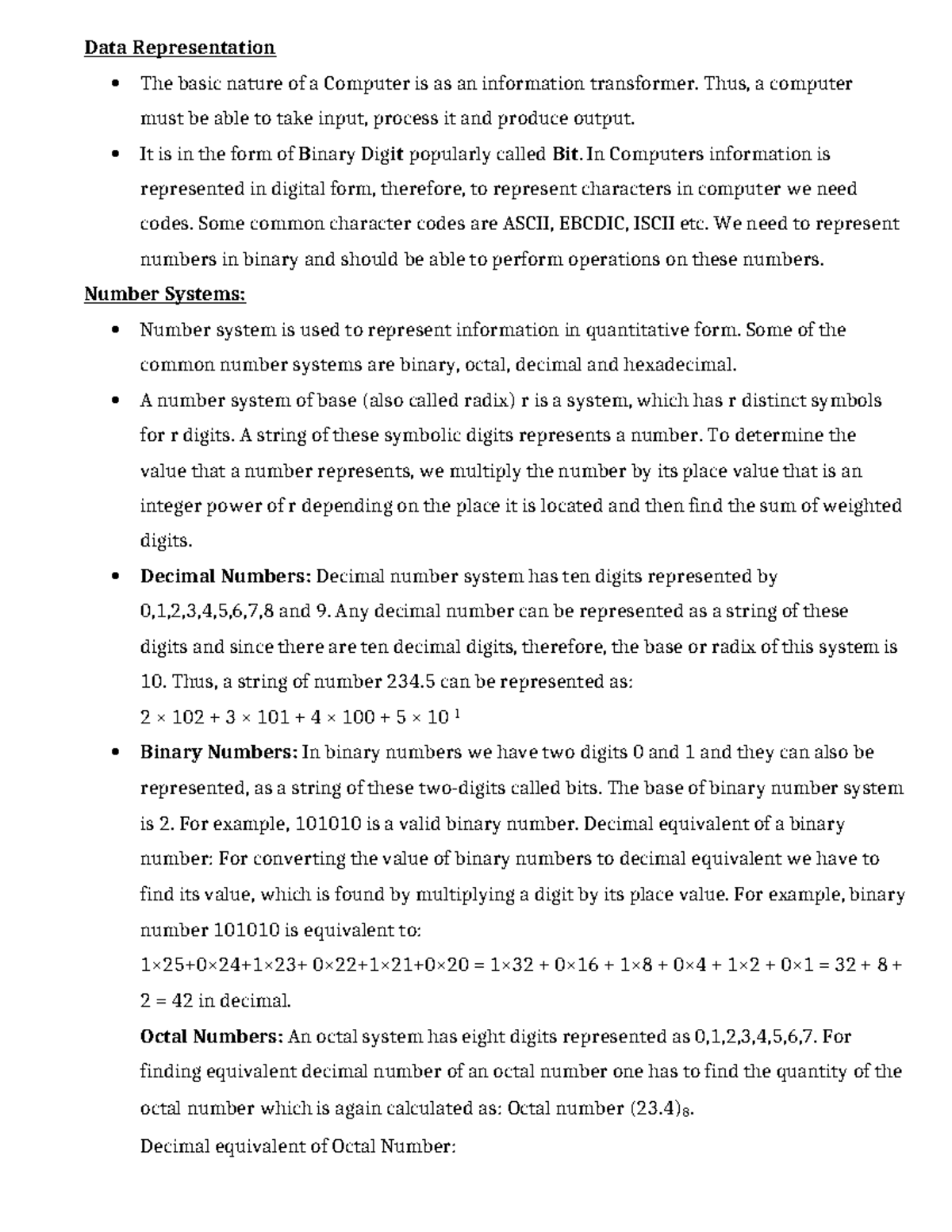 Data Representation Notes for Course UNIT 2-1 - Studocu