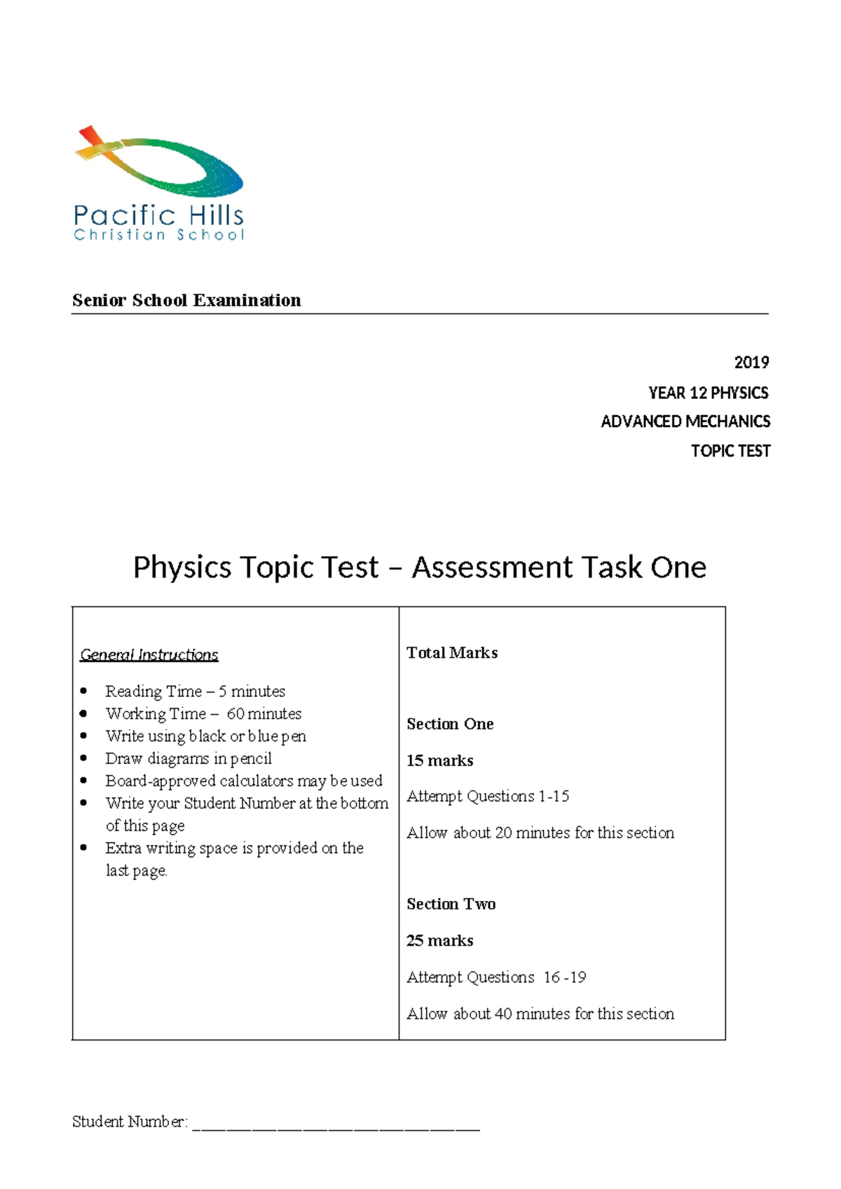 2019 YEAR 12 PHYSICS ADVANCED MECHANICS TOPIC TEST - Studocu