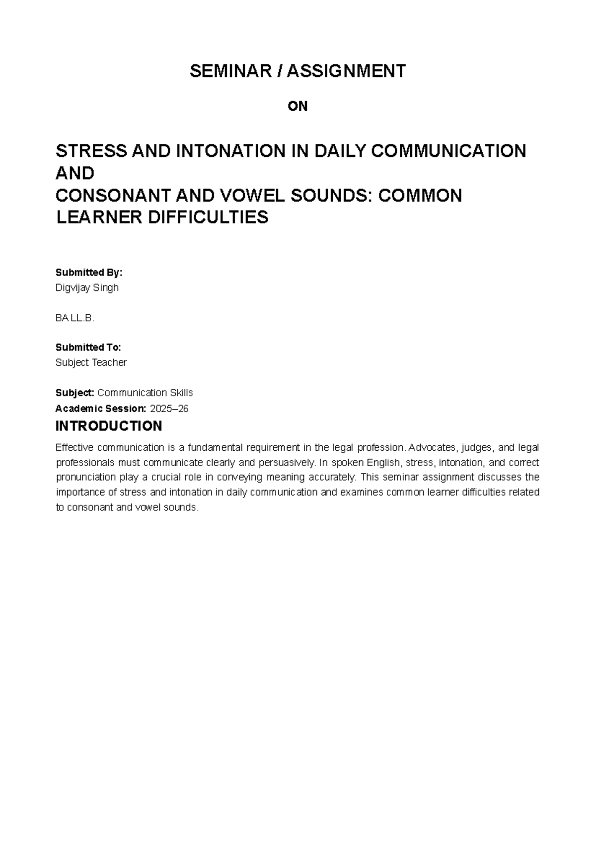 BA LL.B. Seminar Assignment: Stress, Intonation & Pronunciation ...