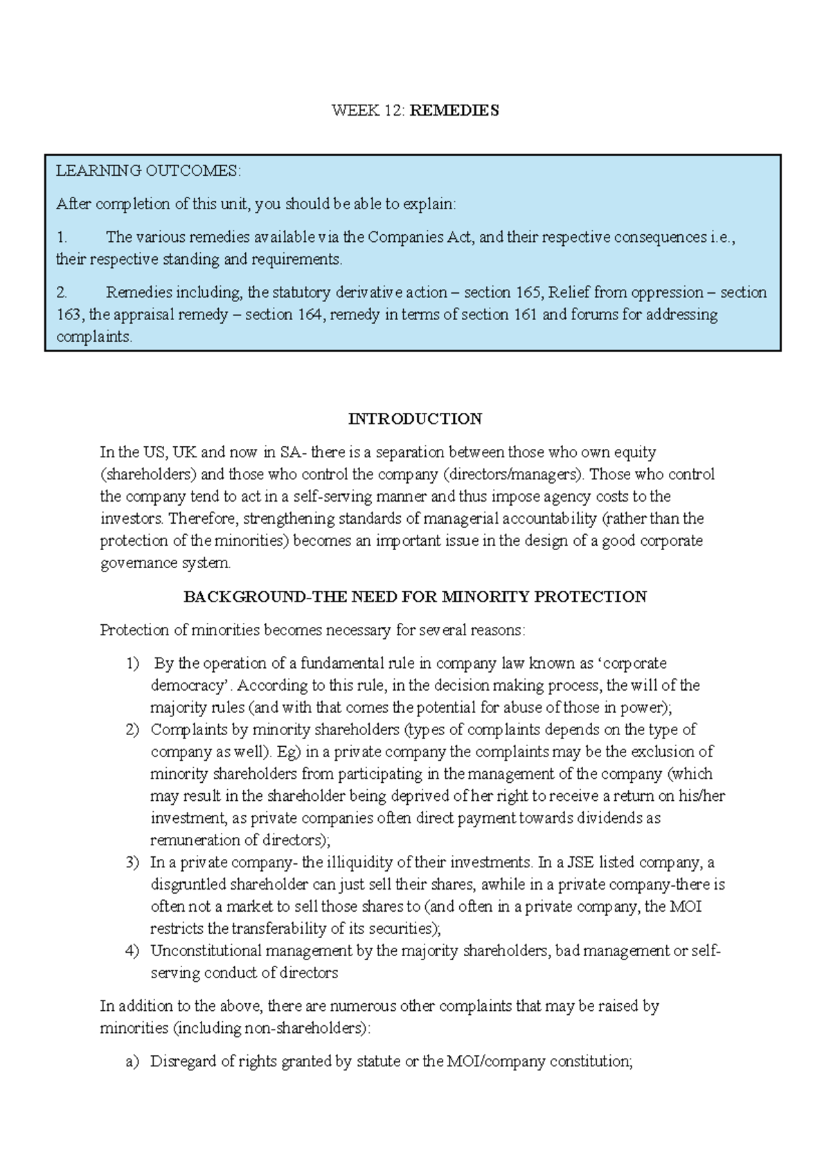 Remedies Tutorial Notes: Companies Act Overview (W12) - Studocu