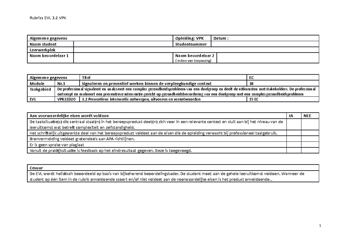 VPK32D20 Beoordelingsformulier Preventieve Interventie Rubrics V2 - Studeersnel
