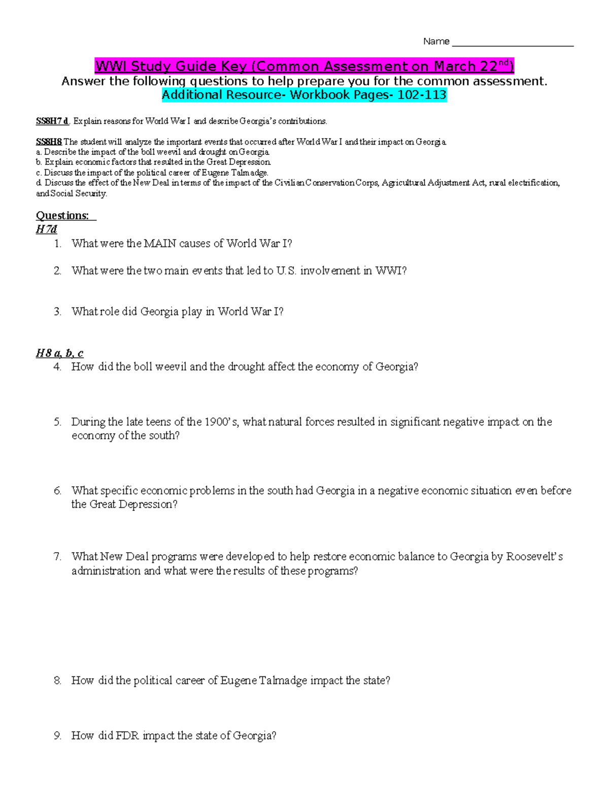 SS8H7 & H8 WWI & Post-WWI Georgia Study Guide for Common Assessment ...