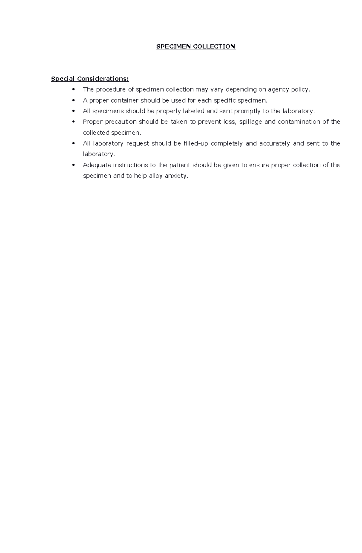 Specimen Collection Procedures for Nursing (NURS 101) - Studocu