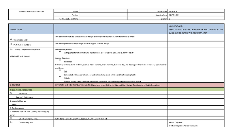 Detailed Lesson Plan for GRADE 9 MAPEH (PE) 2: Nutrition & Healthy ...