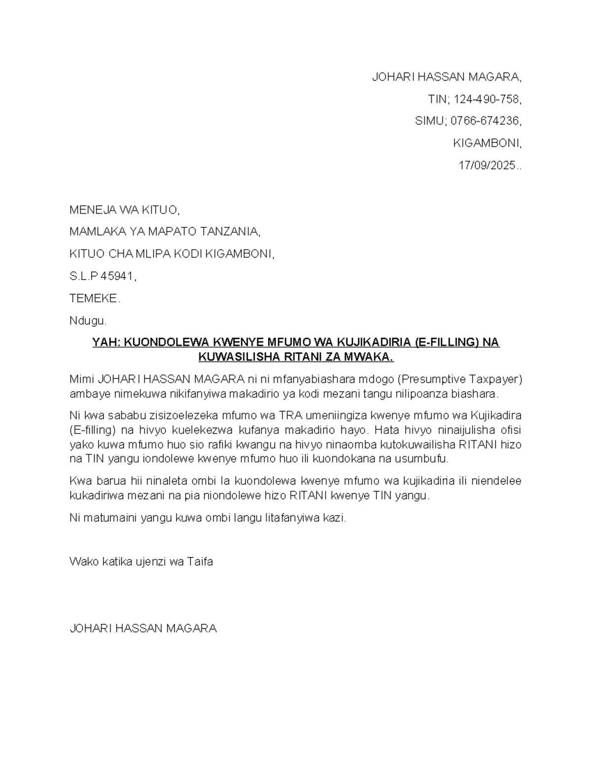 Ombi la Kuondolewa kwenye Mfumo wa Kujikadiria - JOHARI HASSAN MAGARA ...