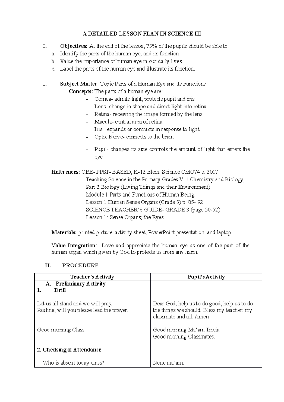 Detailed Lesson Plan on Human Eye Functions - Science III - Studocu