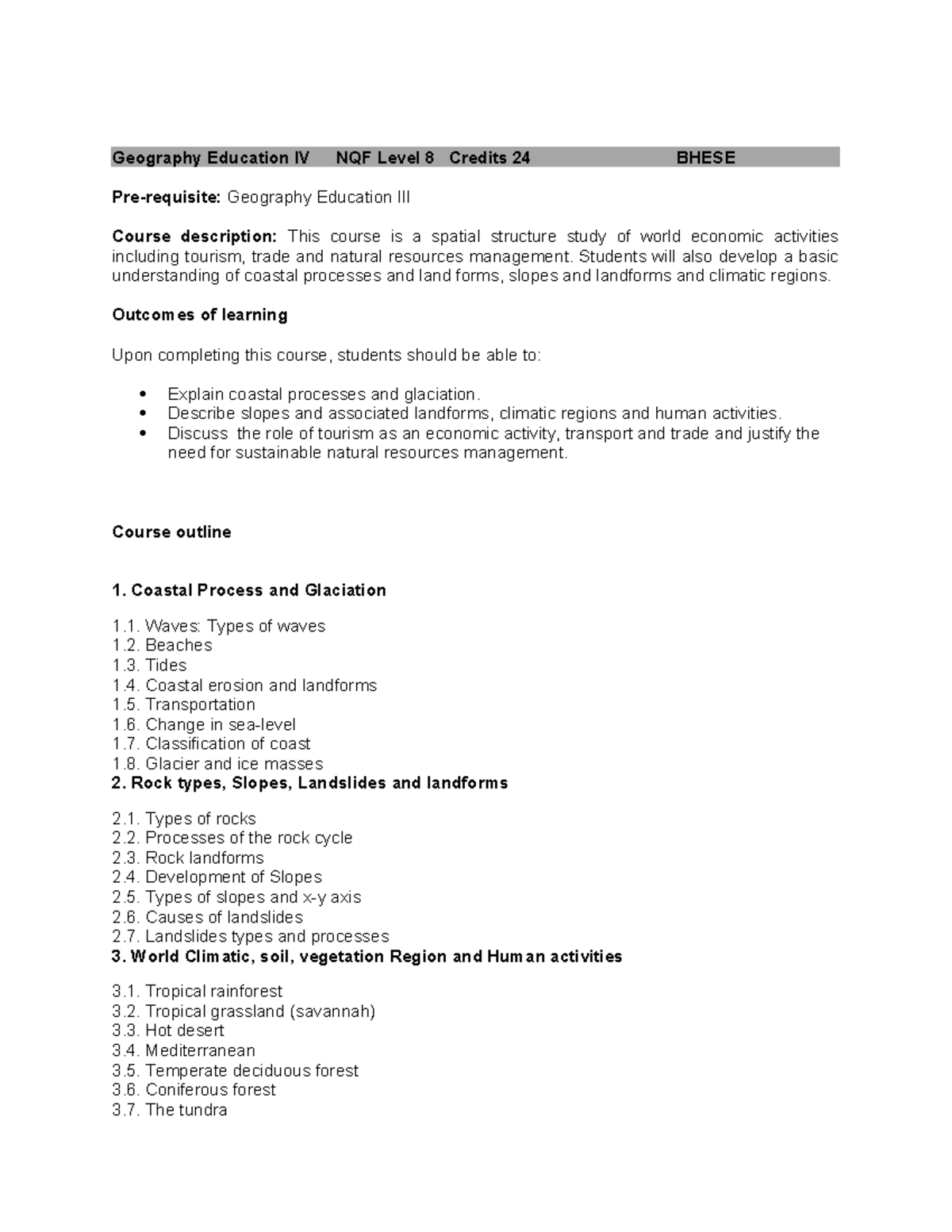GO480UY Geography Education IV Course Outline and Learning Outcomes ...