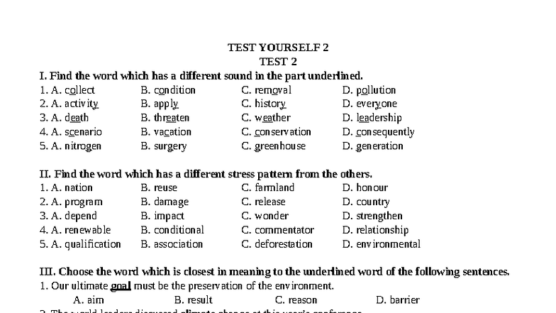 19. TEST Yourself 2 - TEST 2 - TEST YOURSELF 2 TEST 2 I. Find the word ...