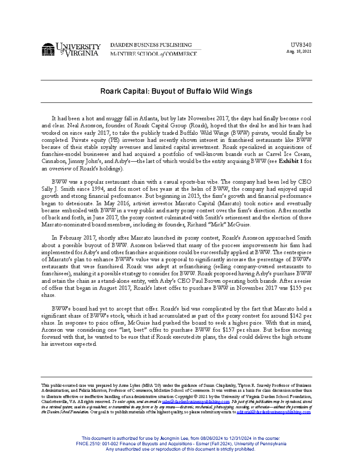 UV8340 FNCE 2510: Roark Capital's Acquisition of Buffalo Wild Wings ...