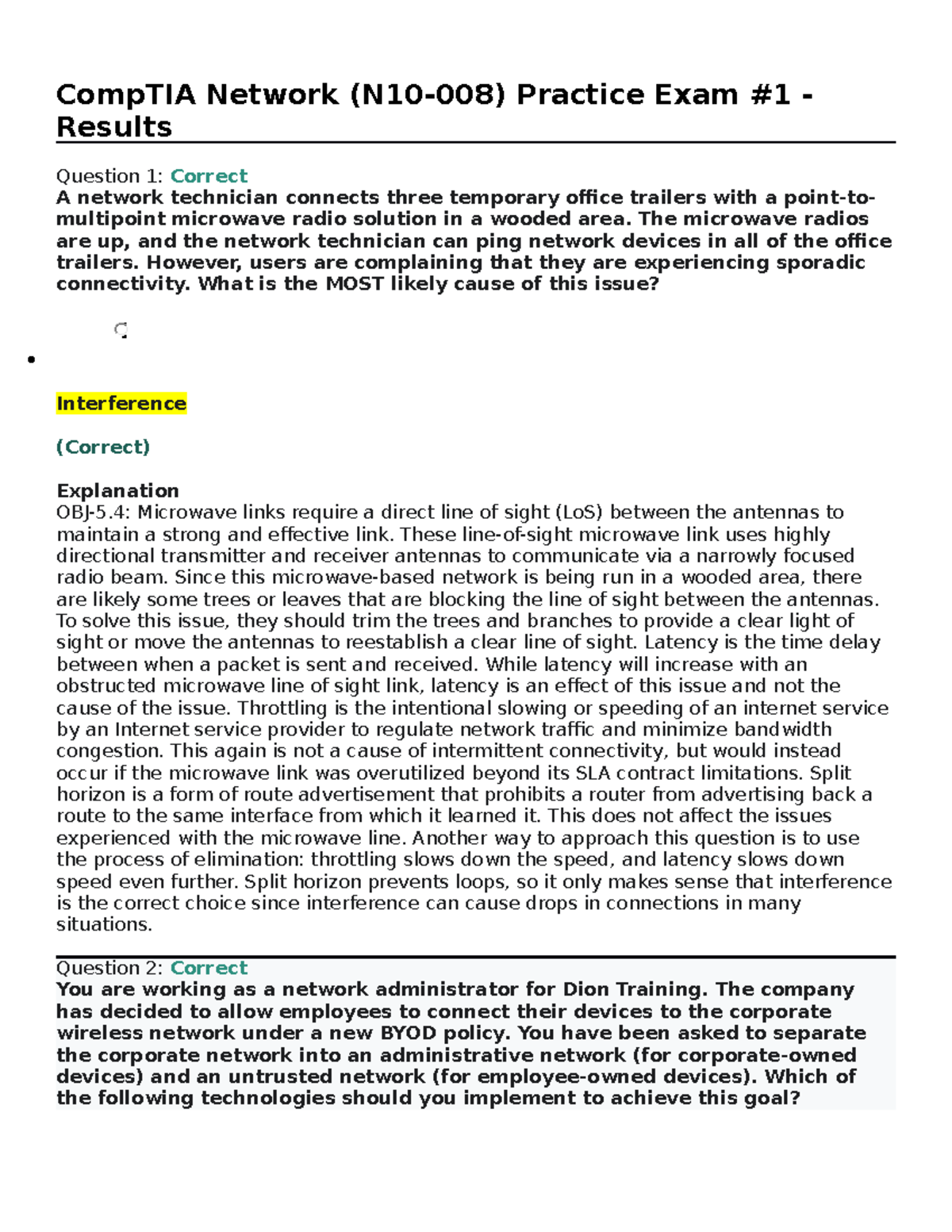 CompTIA Network (N10-008) Practice Exam #1 - Results and Insights - Studocu