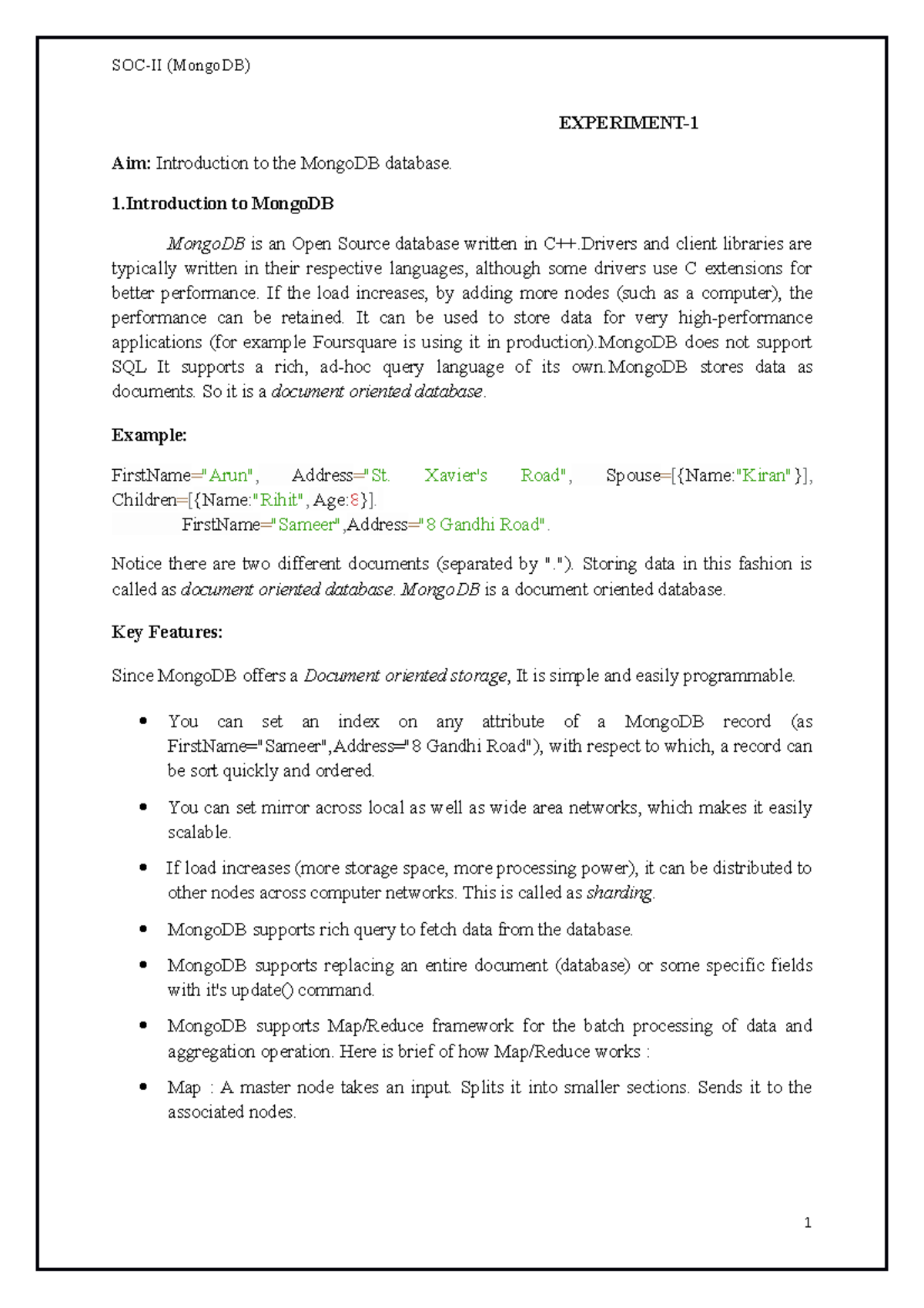 SOC Record R20 - jntuk - EXPERIMENT- Aim: Introduction to the MongoDB database. 1 to MongoDB ...