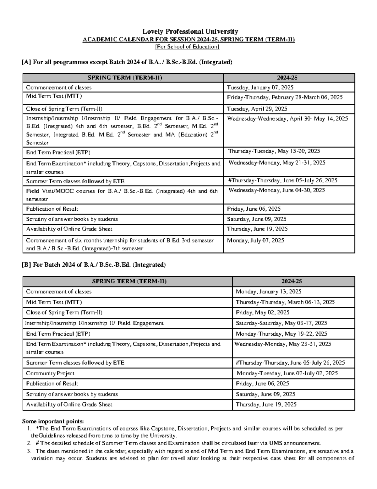 Academic Calendar for School of Education - Spring Term 2025 - Studocu