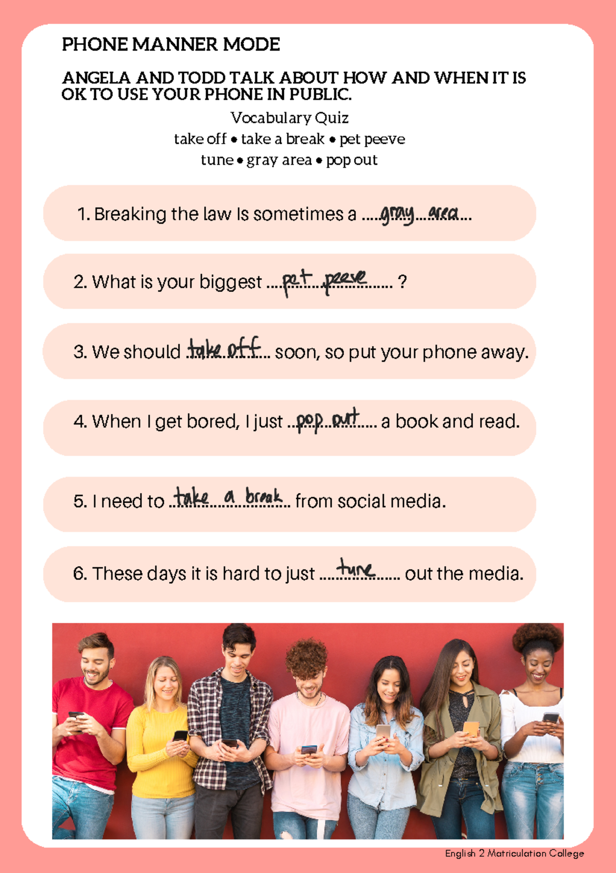 English 2 Vocabulary Quiz: Phone Manners in Public Use - Studocu