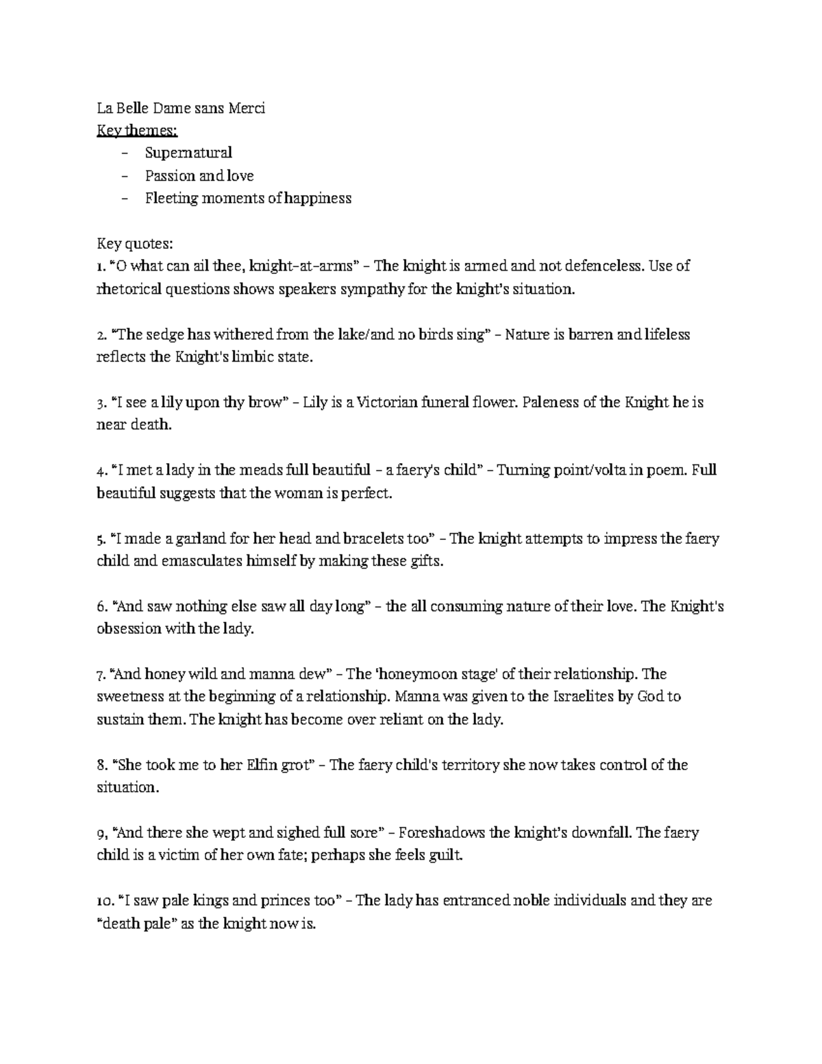 La Belle Dame sans Merci: Key Quotes & Themes Analysis - Studocu