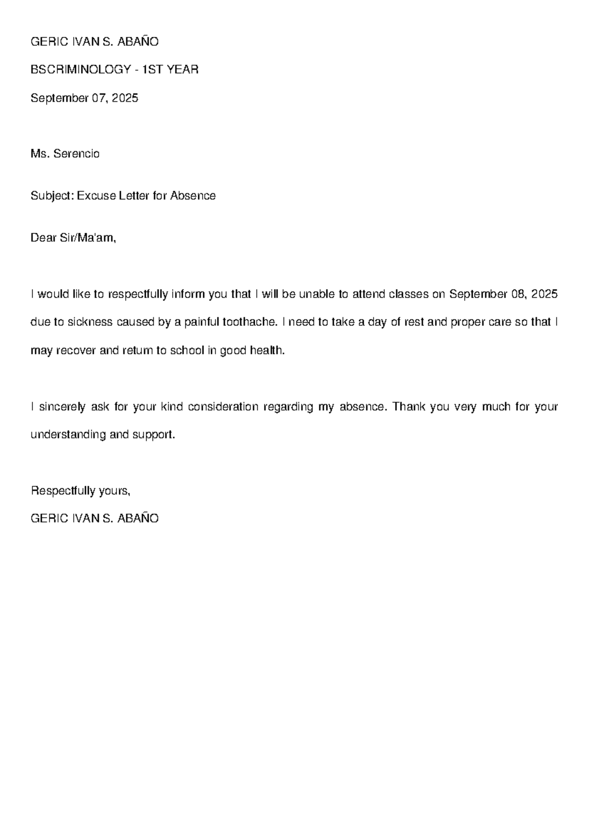 Excuse Letter for Absence - BSCRIMINOLOGY 1ST YEAR - Studocu