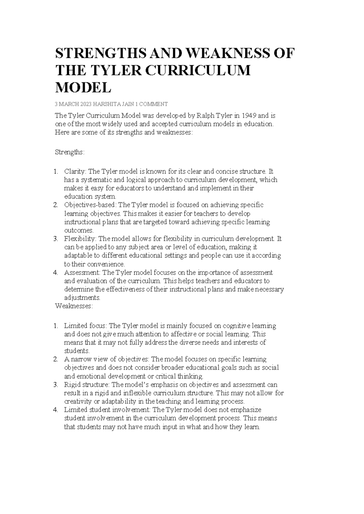 Strengths and Weaknesses of the Tyler Curriculum Model (EDU 101) - Studocu