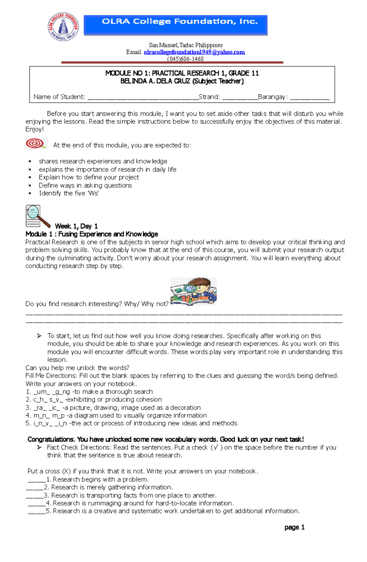 PR1-Module-1 - PR 1 MODULE FOR GRADE 11 - San Manuel,Tarlac Philippines ...