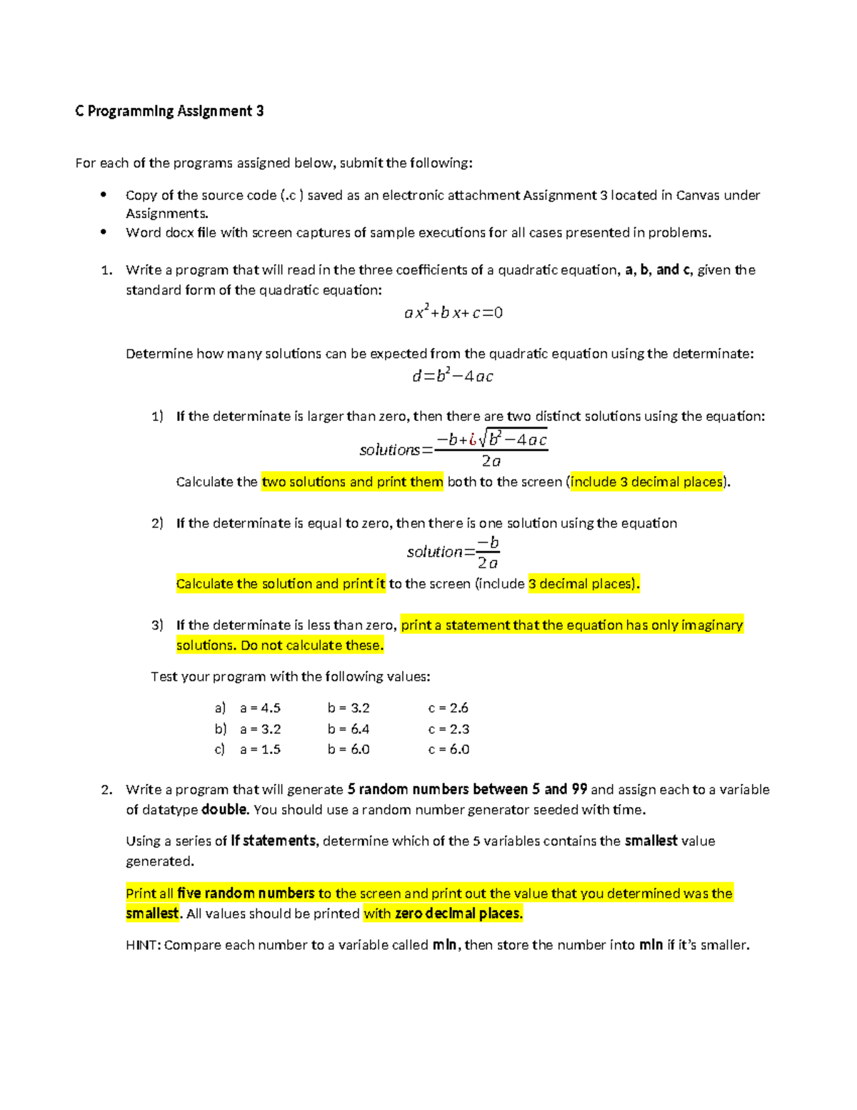 C Programming Assignment 3: Quadratic Solutions & Random Numbers - Studocu