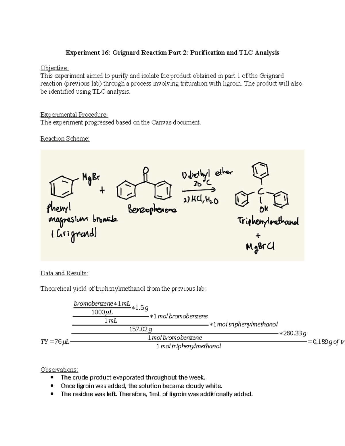 Lab report 4 - Experiment 16: Grignard Reaction Part 2: Purification ...