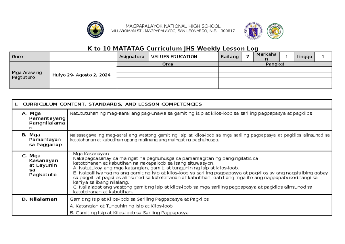 K to 10 MATATAG Curriculum JHS Values Education Week 1 Lesson Plan ...