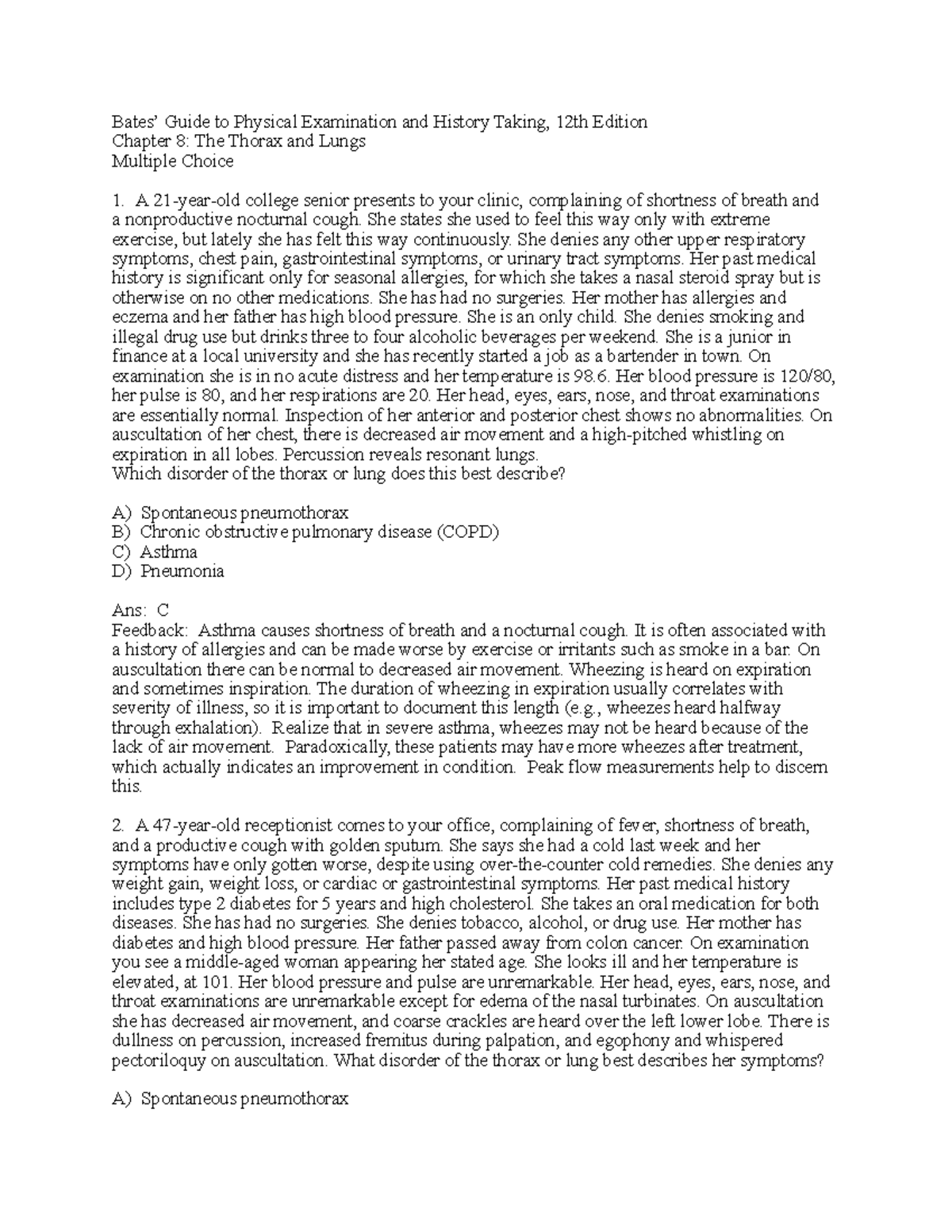 Bates' Chapter 8 - Thorax and Lungs Study Guide and MCQs - Studocu