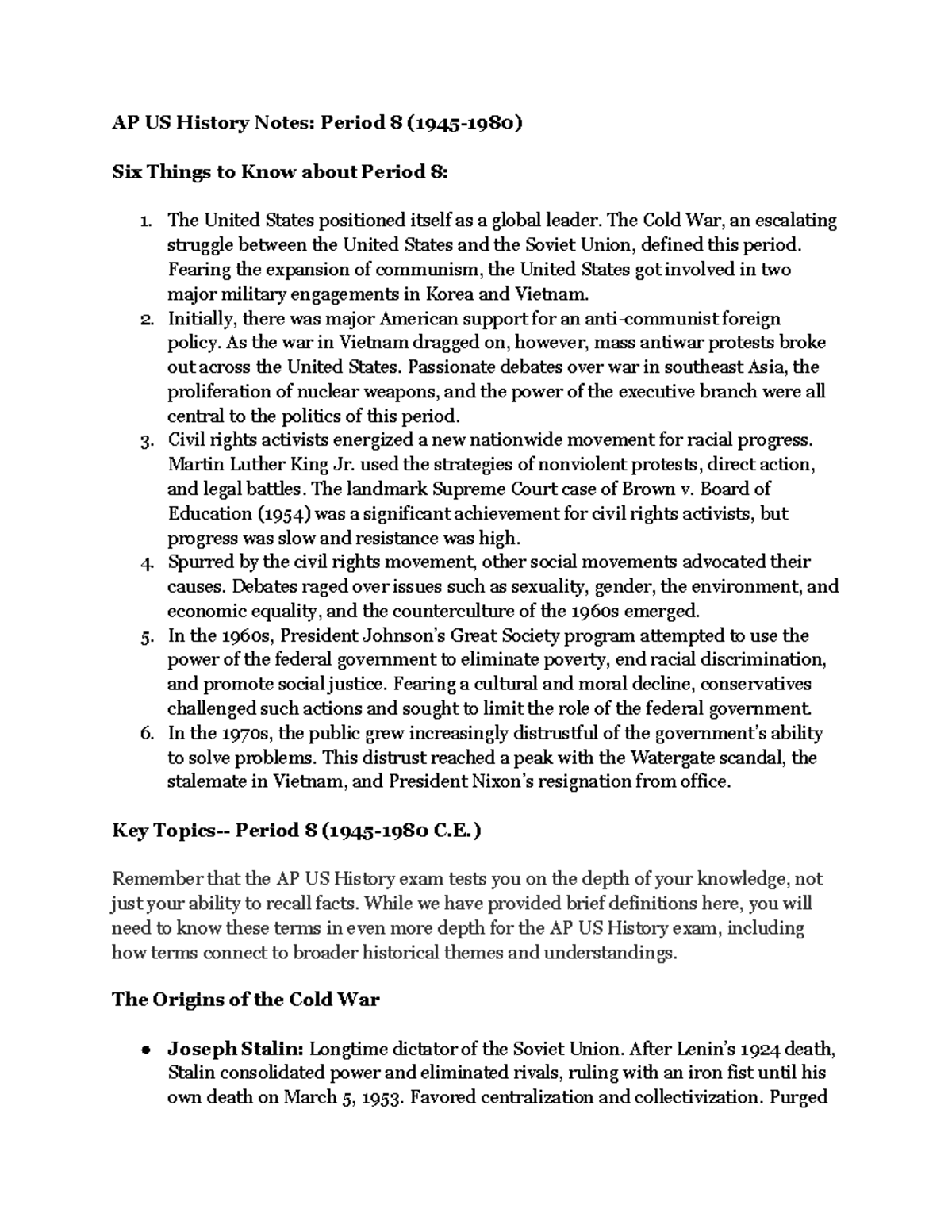 AP US History Notes: Period 8 (1945-1980) Summary and Key Concepts ...