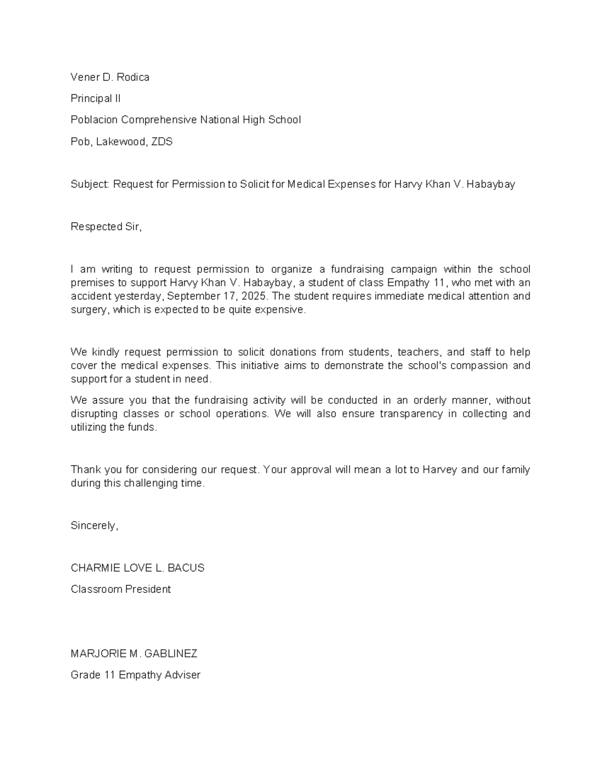 Request for Fundraising Permission for Medical Expenses - Grade 11 ...