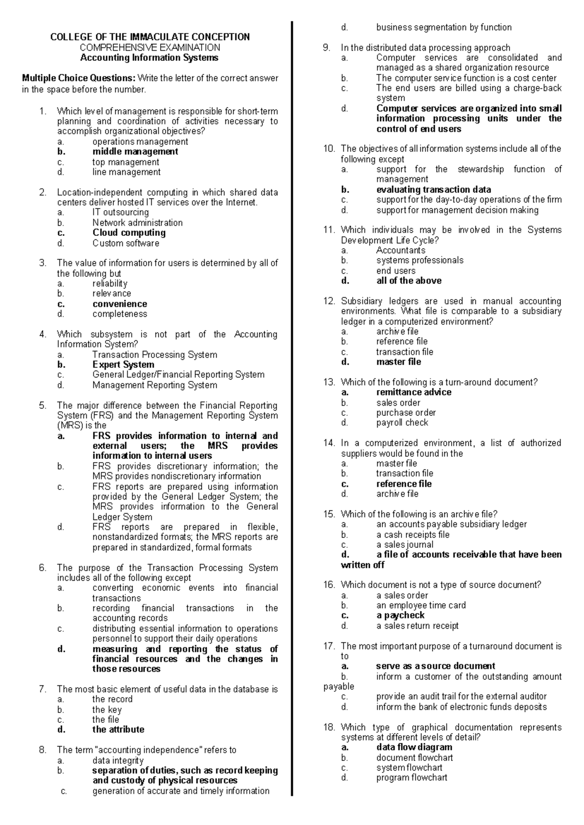 AIS 101 Comprehensive Exam: Accounting Information Systems MCQs - Studocu